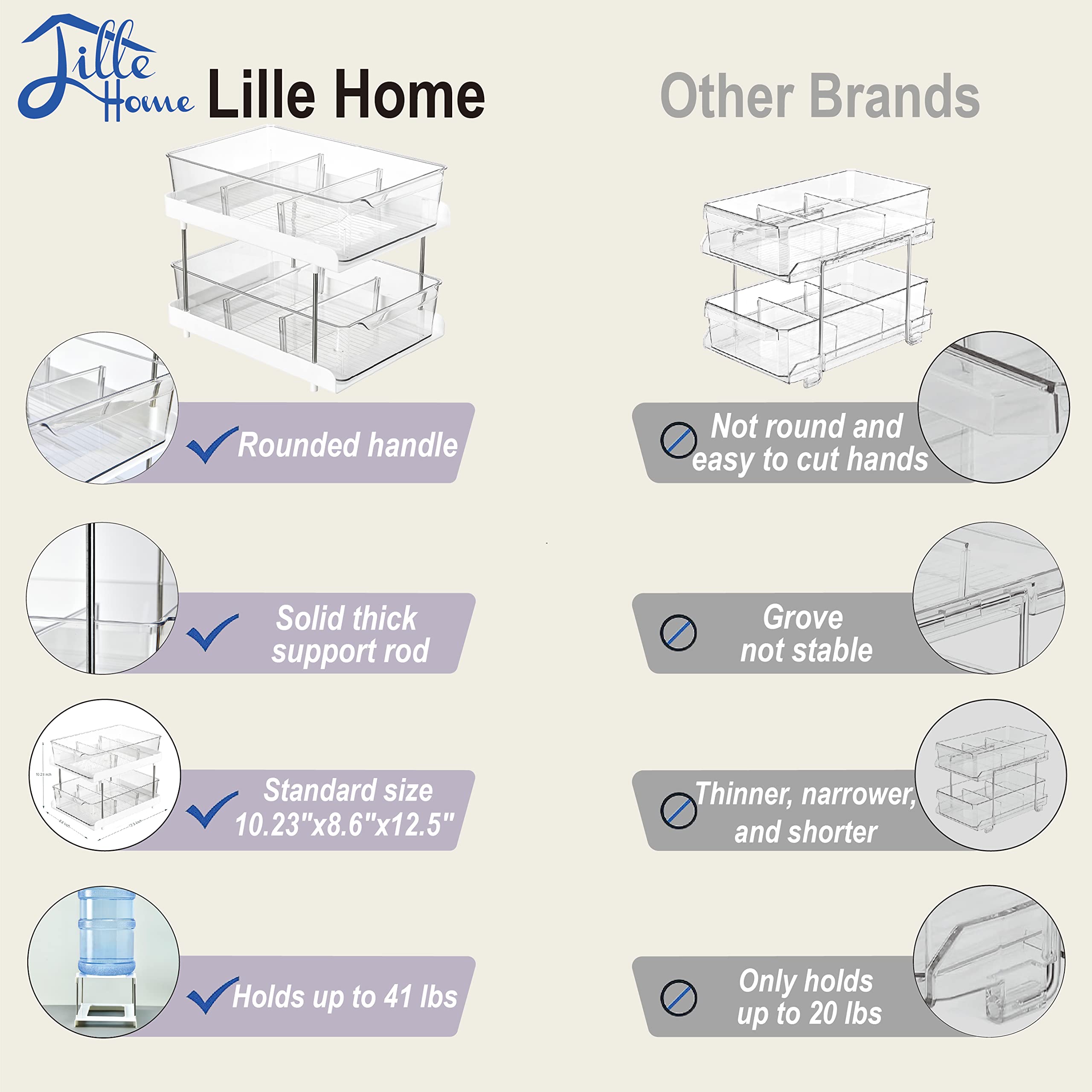 Lille Home 2-Tier Clear Organizer with Sliding Storage Drawers/Baskets, with Handles and Dividers for Kitchen, Under Sink, Bathroom, and Office, BPA Free
