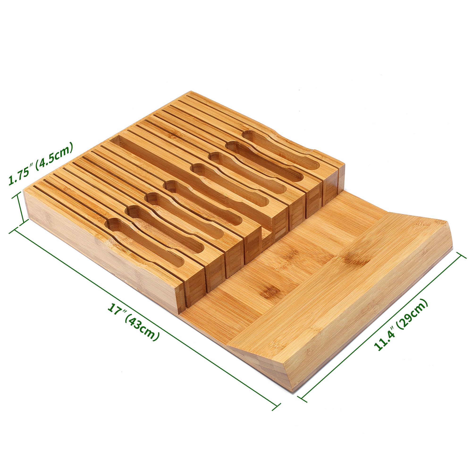 Bamboo Knife Drawer Organizer, Expandable Cutlery Tray and In-Drawer Knife Insert (16 knives)