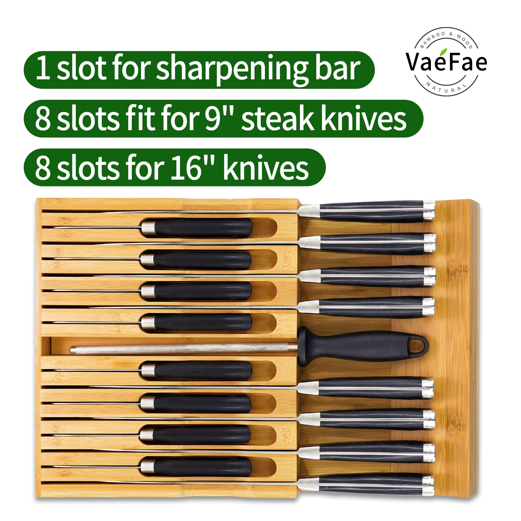 Bamboo Knife Drawer Organizer, Expandable Cutlery Tray and In-Drawer Knife Insert (16 knives)