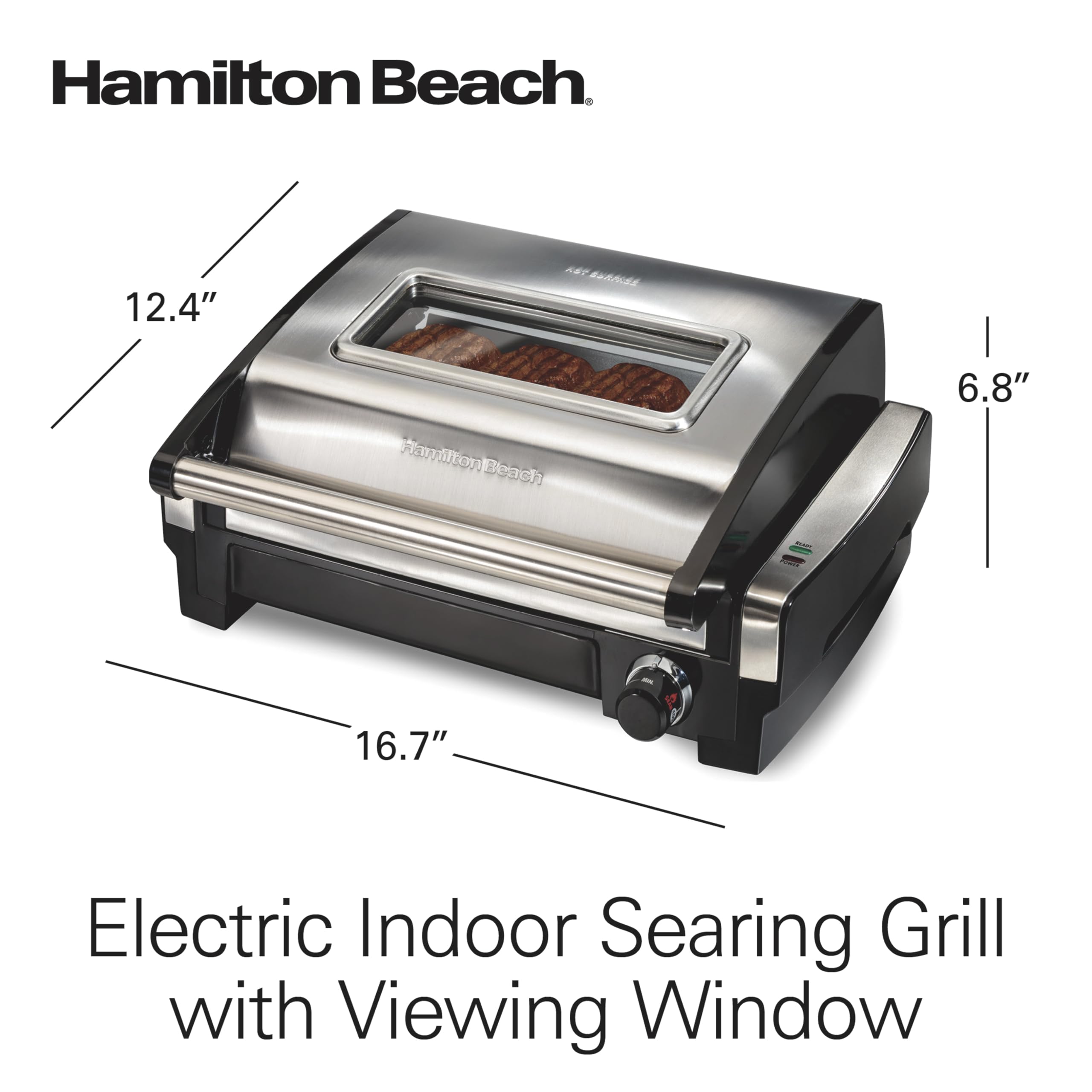 Hamilton Beach Electric Indoor Searing Grill with Adjustable Temperature Control to 450F, 118 sq. in. Surface Serves 6, Removable Nonstick Grate, Viewing Window, Stainless Steel