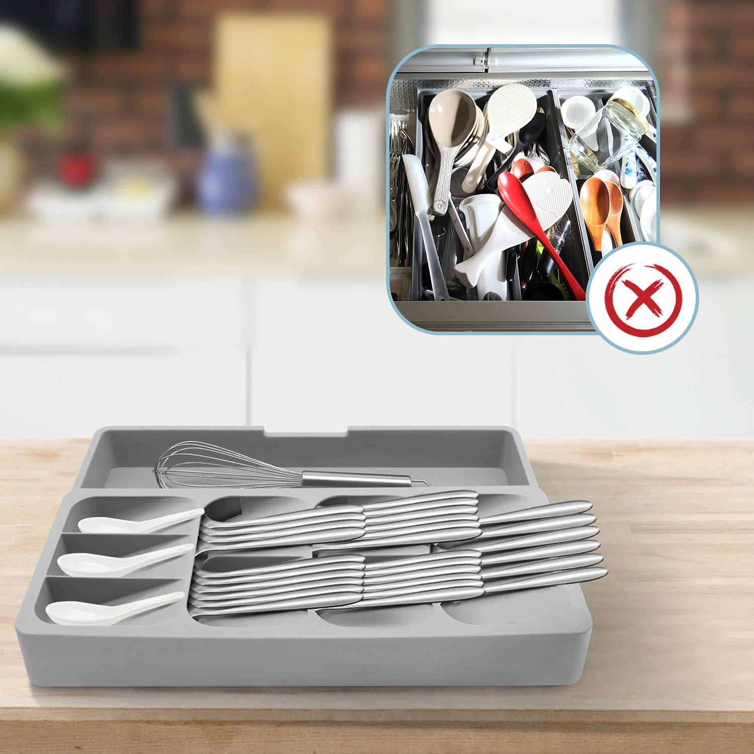 YUOIOYU Cutlery Organizer in Drawer, Expandable Compact Silverware Organizer for Kitchen Drawers, PP Plastic Kitchen Utensil Organizer for Flatware, Forks, Spoons, Silverware Tray for Drawer (Gray)