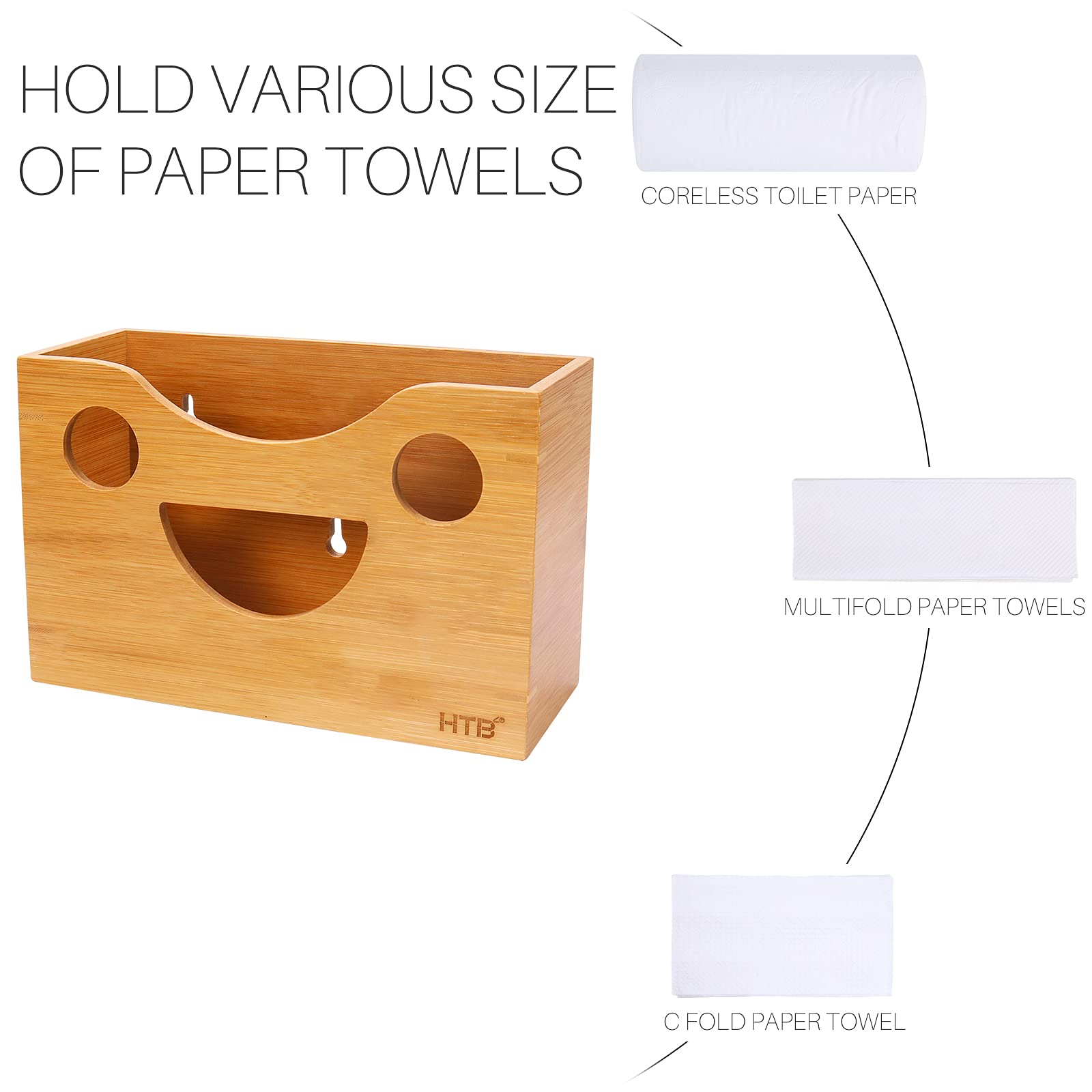 Paper Towel Dispenser Countertop or Wall Mount by HTB, Manual Bamboo Paper Hand Towel Holder Compatible with Trifold，C Fold, Z Fold, Multifold Paper Towels for Bathroom, Kitchen, Office
