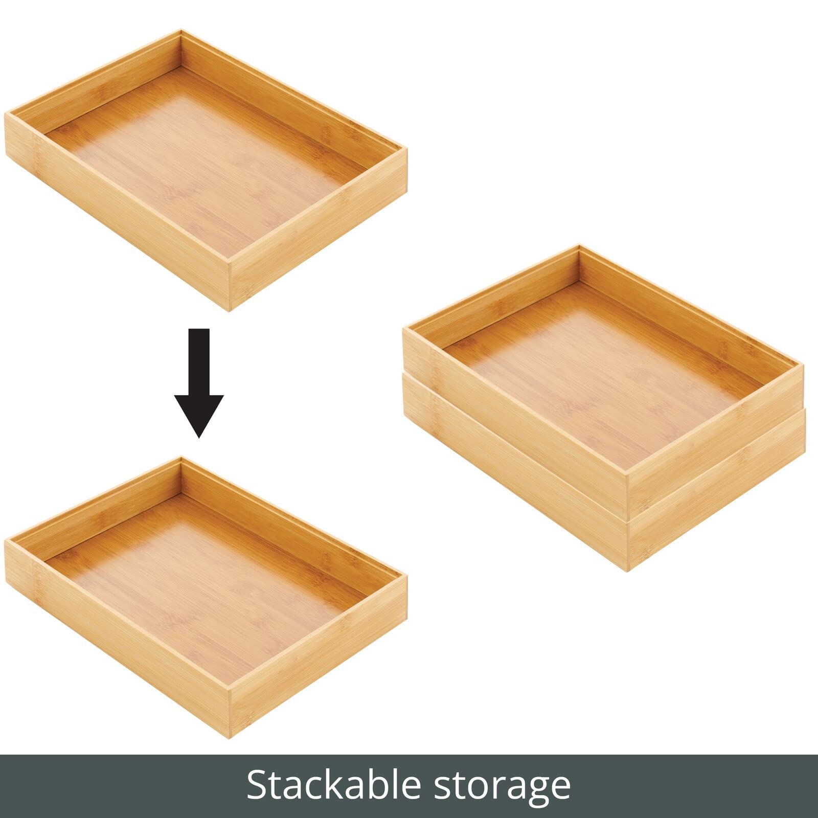 mDesign Bamboo Wood Stackable Drawer Organizer Bin Box for Kitchen; Holds Silverware, Cutlery, Utensils - Echo Collection - 4 Pack - Natural