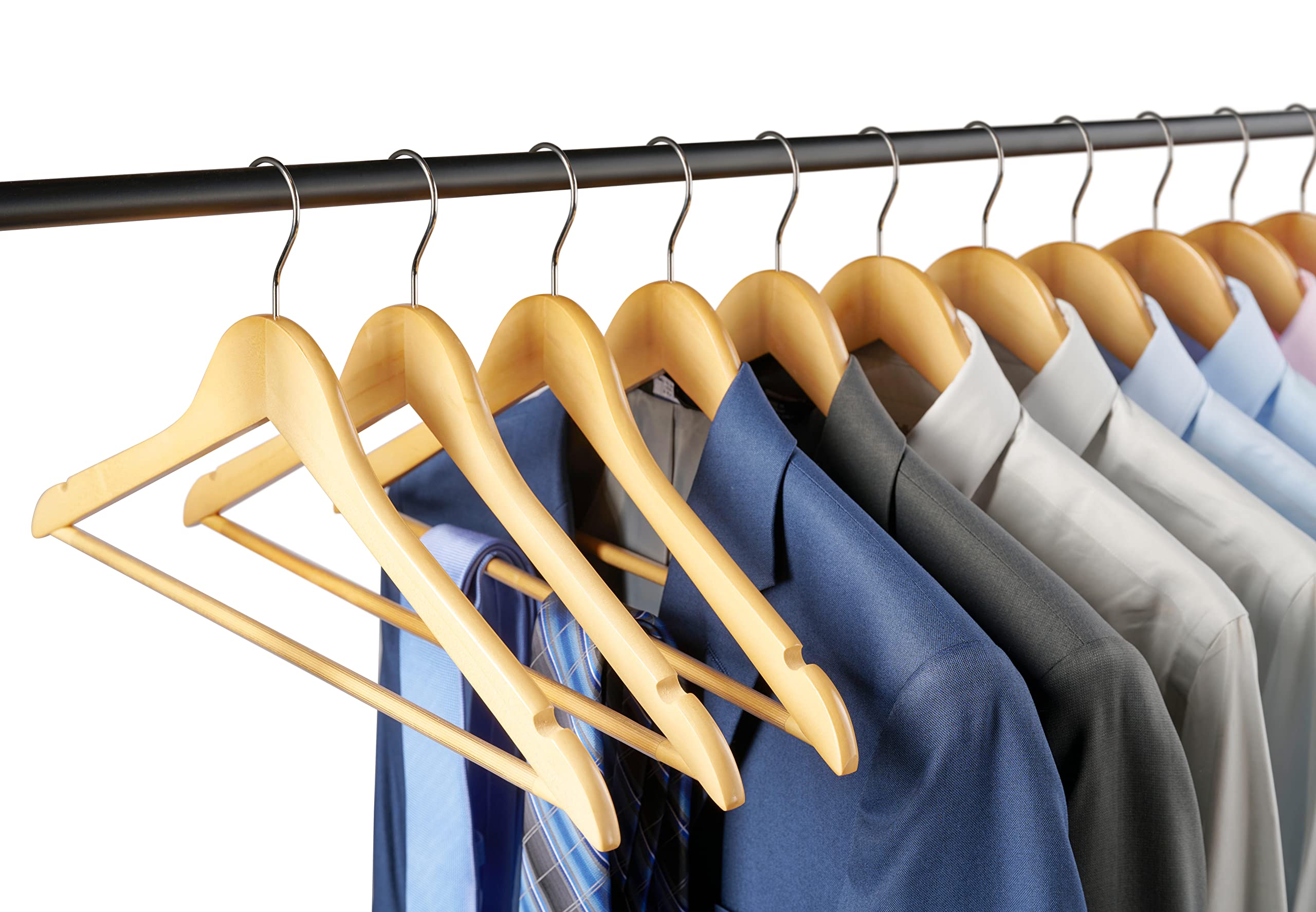 Solid Wood Suit Hangers - 20 Pack - with Non Slip Bar and Precisely Cut Notches - 360 Degree Swivel Chrome Hook - Natural Finish Super Sturdy and Durable Wooden Hangers