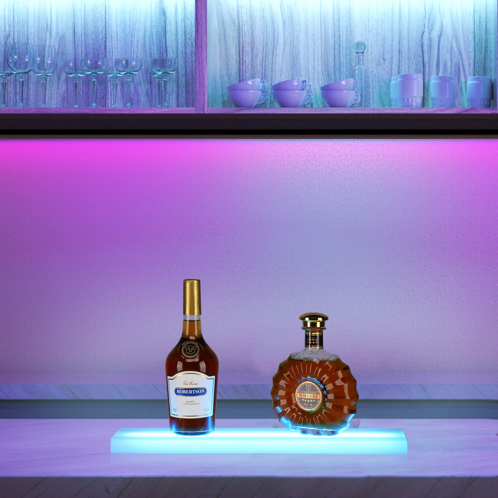 ROVSUN 1 Step 20 Inch Wall Mounted LED Lighted Liquor Bottle Display Shelf Bar Shelf with Remote Control, Illuminated Liquor Shelves LED Bar Shelves for Commercial Home Man Cave Bar Accessories