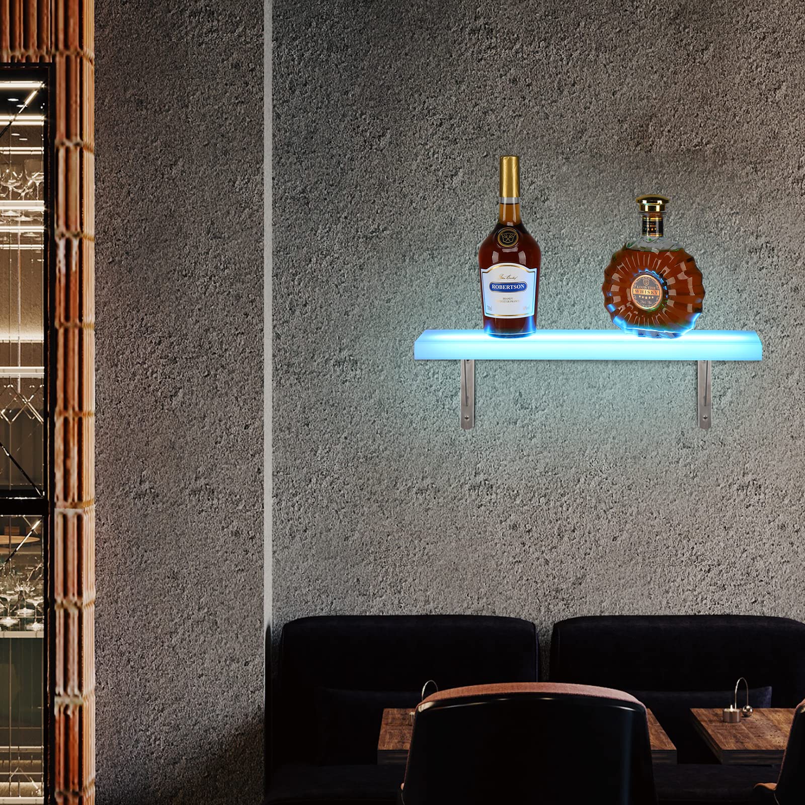 ROVSUN 1 Step 20 Inch Wall Mounted LED Lighted Liquor Bottle Display Shelf Bar Shelf with Remote Control, Illuminated Liquor Shelves LED Bar Shelves for Commercial Home Man Cave Bar Accessories