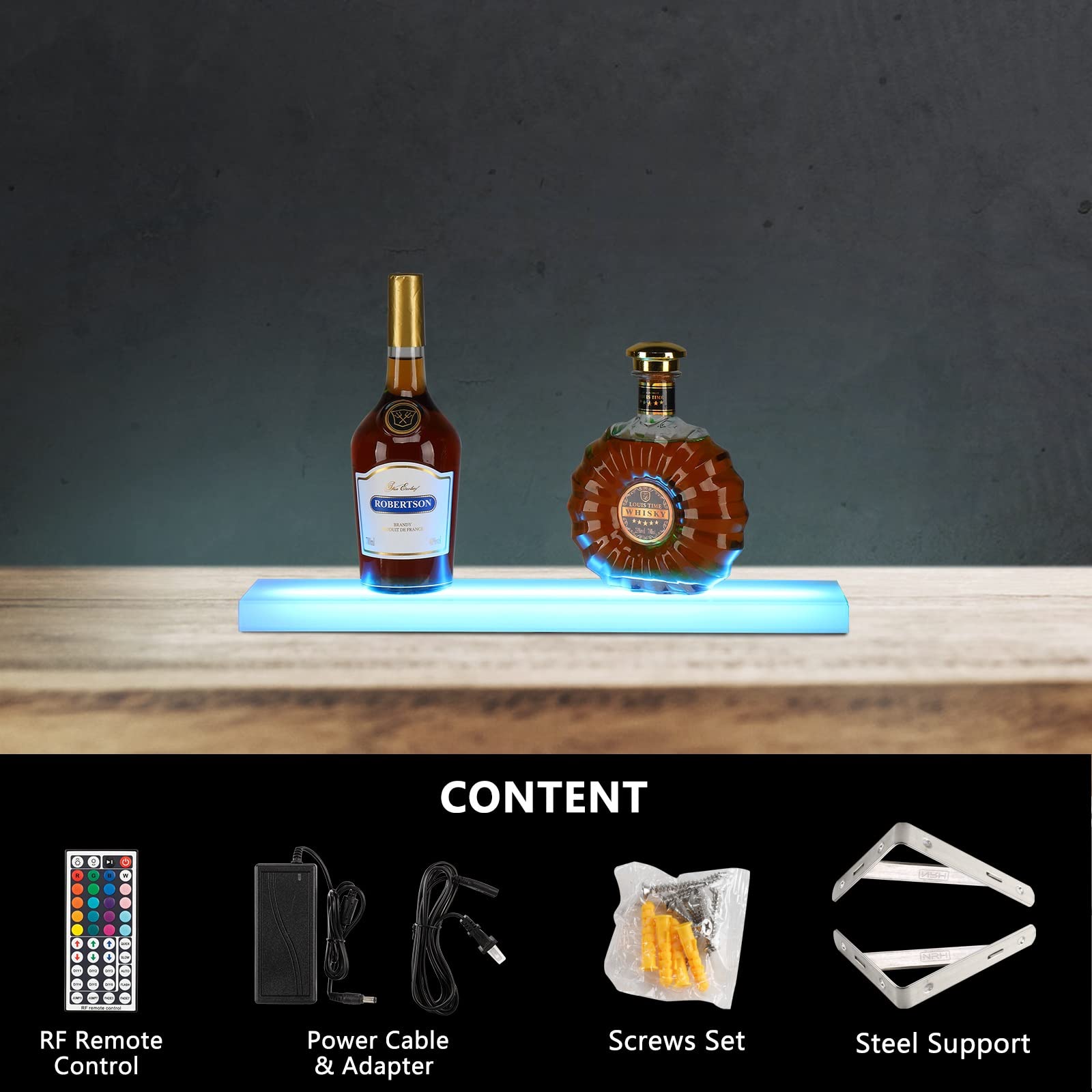 ROVSUN 1 Step 20 Inch Wall Mounted LED Lighted Liquor Bottle Display Shelf Bar Shelf with Remote Control, Illuminated Liquor Shelves LED Bar Shelves for Commercial Home Man Cave Bar Accessories