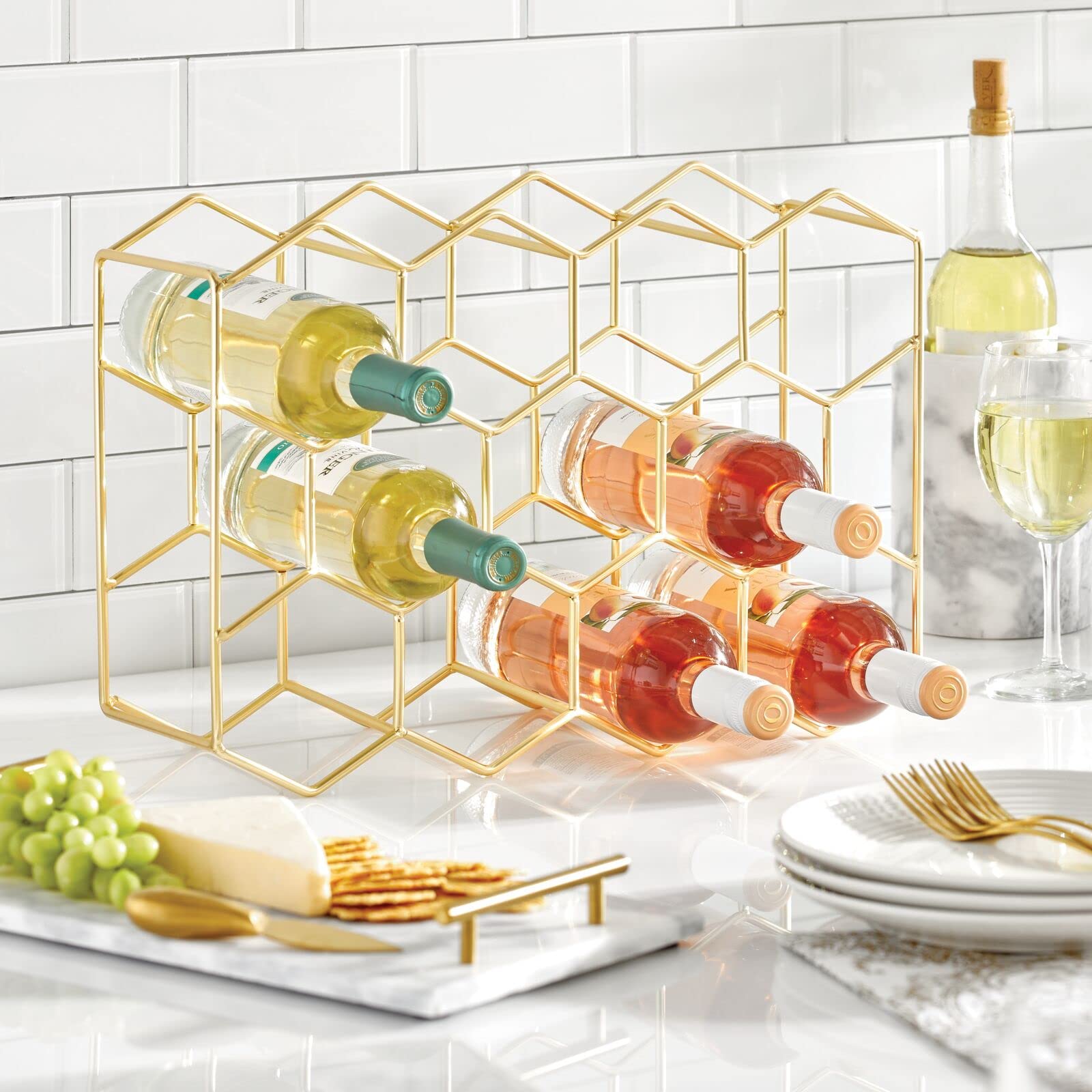 mDesign Metal Hexagon 3-Tier Wine Rack - Minimalist Bottle Holder for Kitchen Countertop, Pantry, or Refrigerator Space - Wine, Beer, Pop/Soda, Water Bottles, and Juice - Holds 11 Bottles - Soft Brass