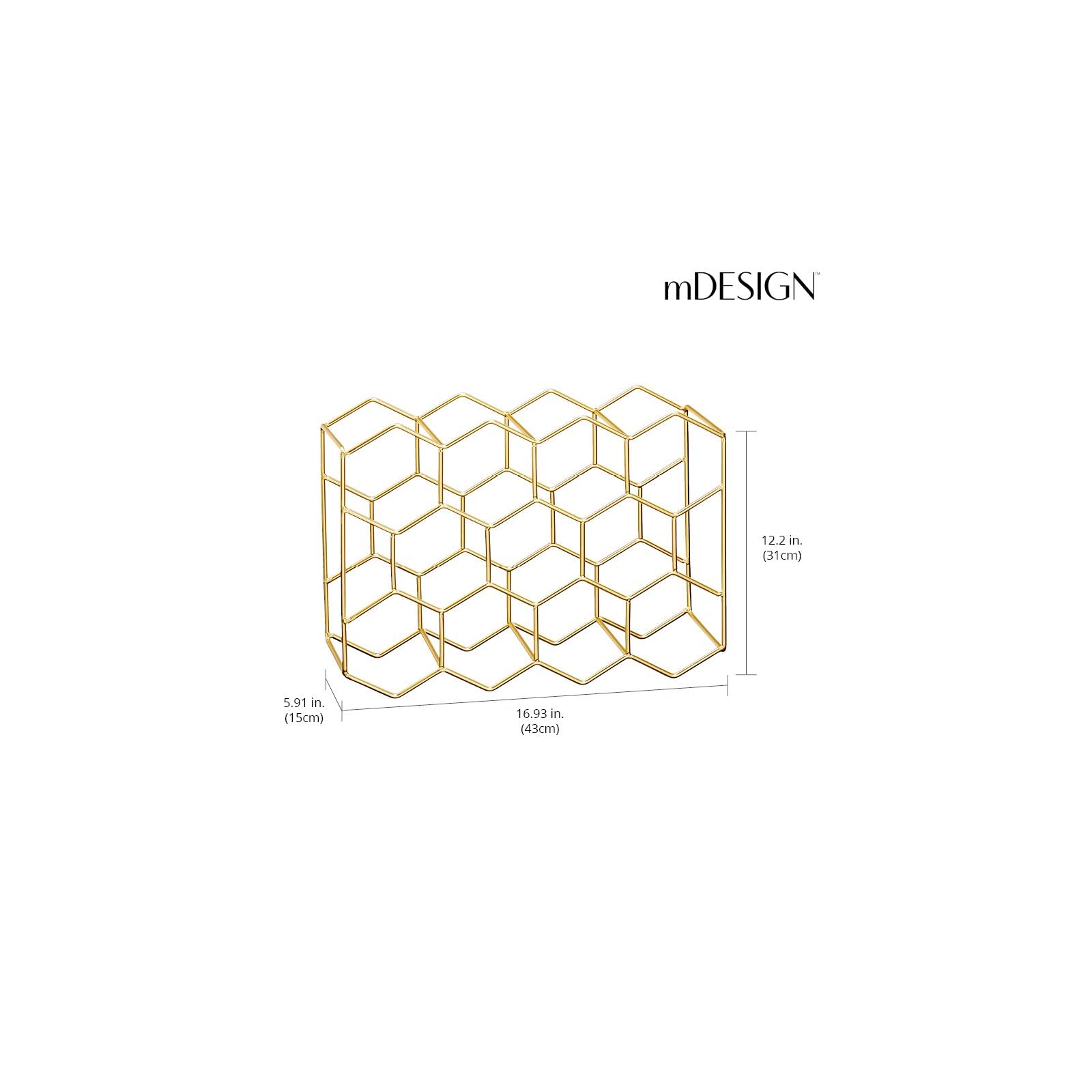 mDesign Metal Hexagon 3-Tier Wine Rack - Minimalist Bottle Holder for Kitchen Countertop, Pantry, or Refrigerator Space - Wine, Beer, Pop/Soda, Water Bottles, and Juice - Holds 11 Bottles - Soft Brass