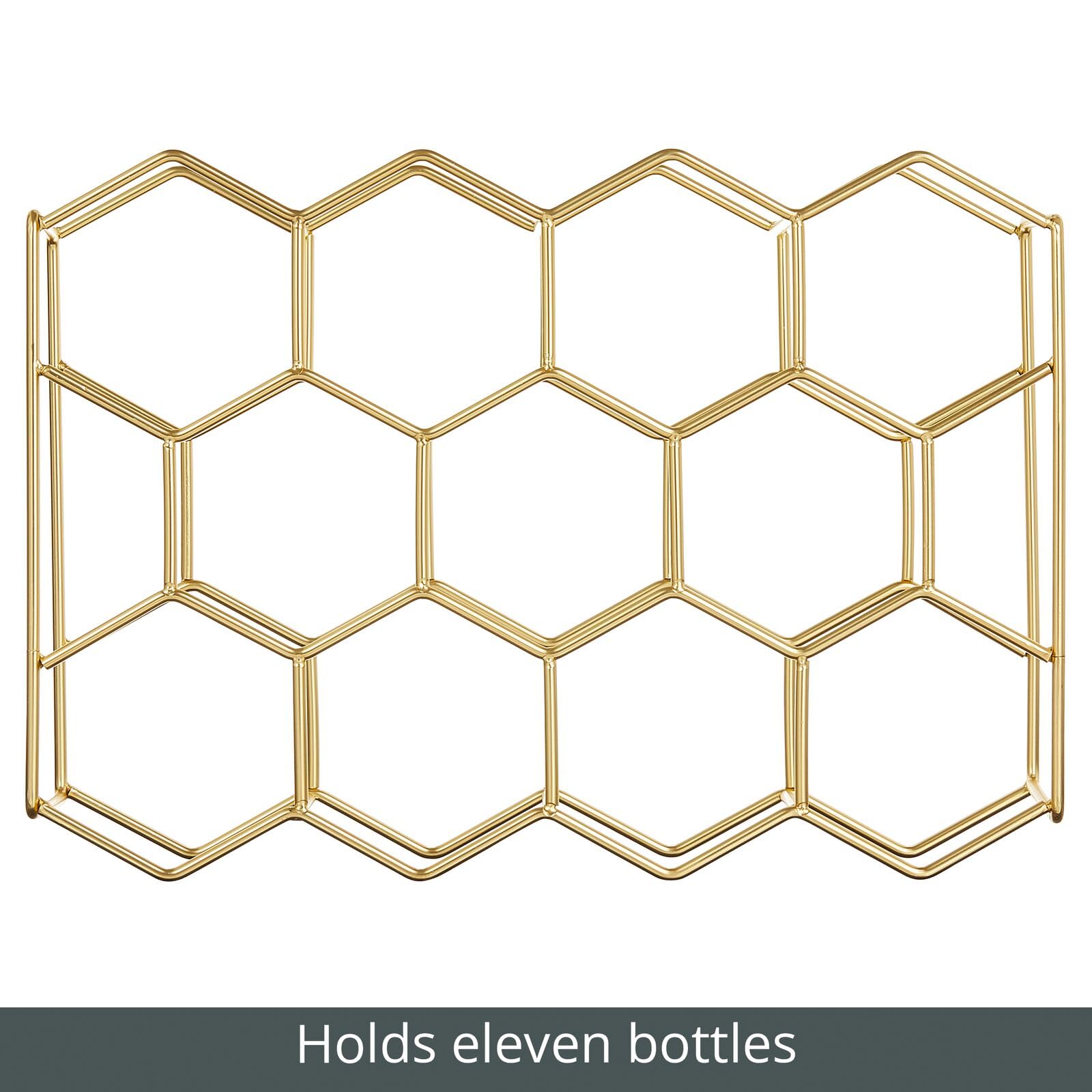 mDesign Metal Hexagon 3-Tier Wine Rack - Minimalist Bottle Holder for Kitchen Countertop, Pantry, or Refrigerator Space - Wine, Beer, Pop/Soda, Water Bottles, and Juice - Holds 11 Bottles - Soft Brass