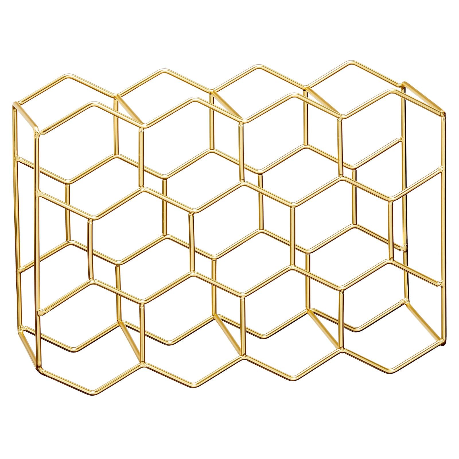 mDesign Metal Hexagon 3-Tier Wine Rack - Minimalist Bottle Holder for Kitchen Countertop, Pantry, or Refrigerator Space - Wine, Beer, Pop/Soda, Water Bottles, and Juice - Holds 11 Bottles - Soft Brass