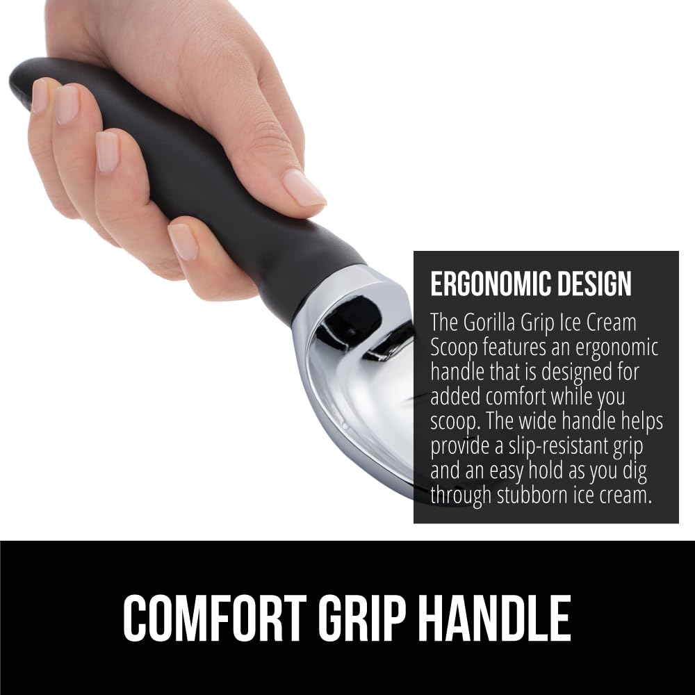 Gorilla Grip Large, Comfortable Handle, Heavy Duty Ice Cream Scoop, Professional Grade Scooper, Get Perfect Shape Scoops, Great for Spooning Frozen Hard Gelato and Sorbet, Cookie Dough, Melon, Gray