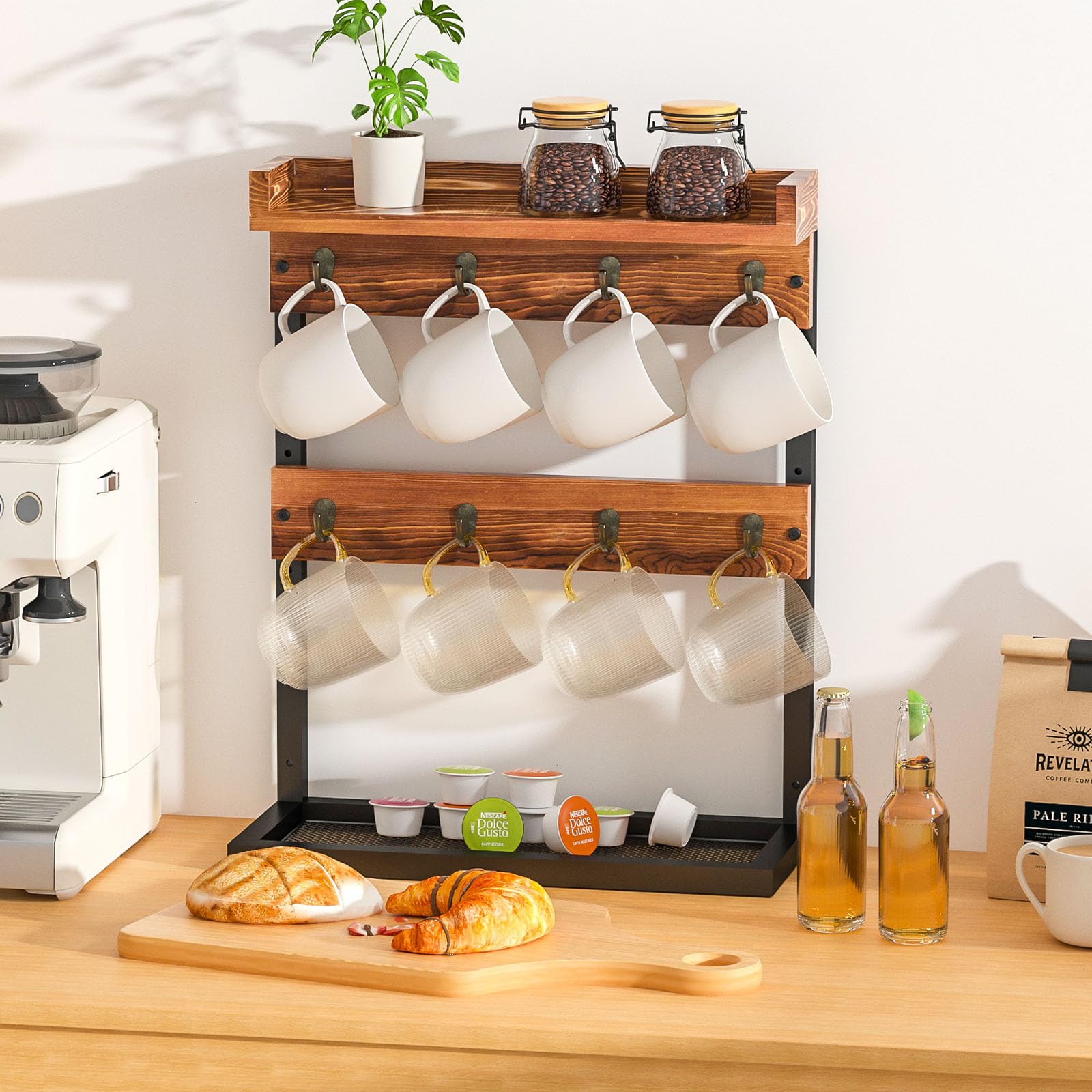 X-cosrack Countertop Coffee Mug Holder Rack 2 Tier Wall Mount Coffee Cup Holder Stand with 8 Hooks and Storage Shelf,Display Organizer Rack for Home Kitchen, Rustic Brown