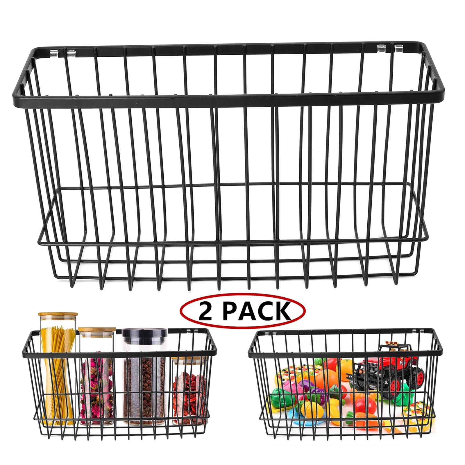 Over the Cabinet Door Organizer Holder, EINFAGOOD Wall Basket No Drilling with Adhesive Pads, 2 Pack Black(Door Baskets)