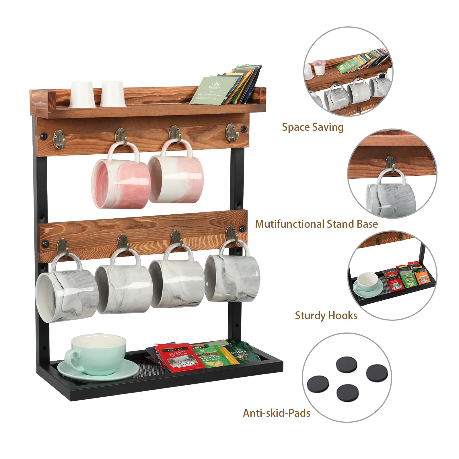 X-cosrack Countertop Coffee Mug Holder Rack 2 Tier Wall Mount Coffee Cup Holder Stand with 8 Hooks and Storage Shelf,Display Organizer Rack for Home Kitchen, Rustic Brown
