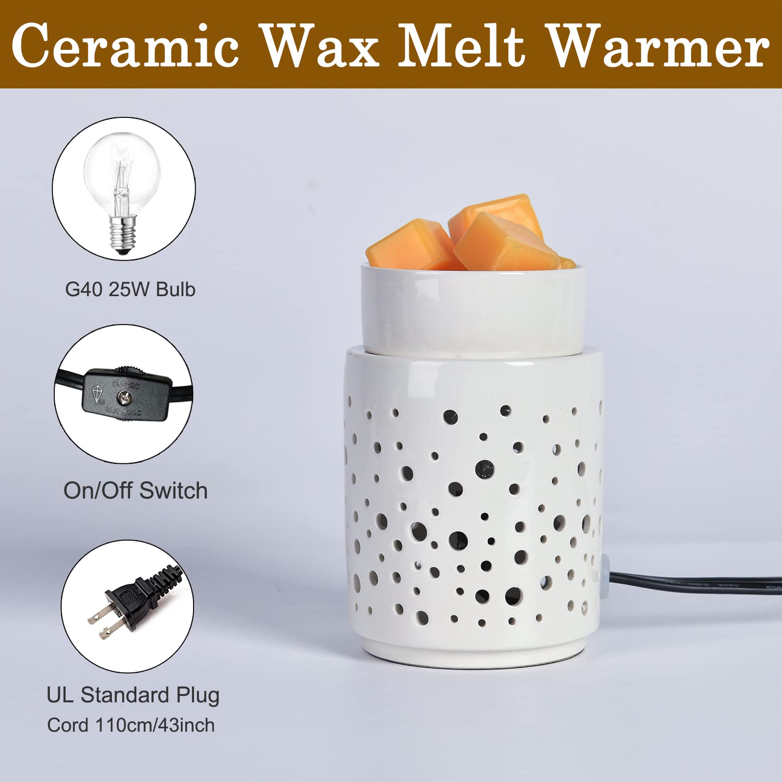 mocosa Ceramic Wax Melt Warmer,Candle Wax Warmer for Scented Wax,Wax Melt Wax Cubes Melter Fragrance Warmer Gift for Wedding Spa and Aromatherapy (Round)