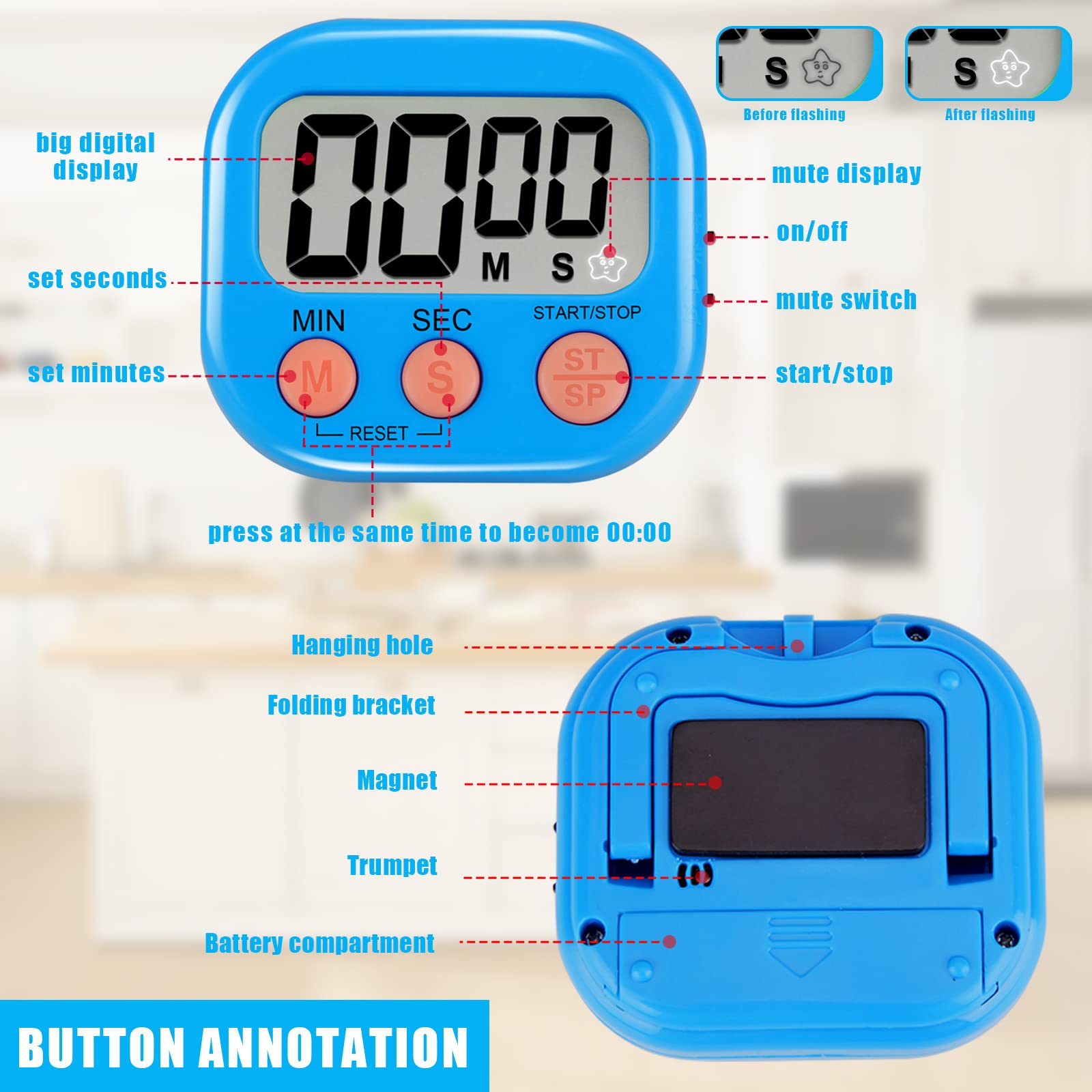6 Pack Multi-Function Electronic Timer - Magnetic Digital Timers Big LCD Display The Loud / Silent Switch Countdown Timer Extensively Use in Break Time, Cooking,Gym, Meeting, Classroom