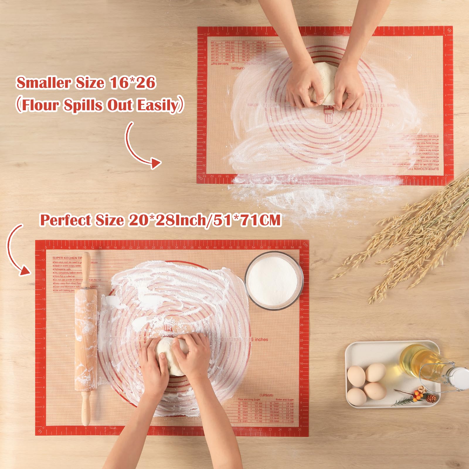 Non-slip Silicone Pastry Mat Extra Large with Measurements 28''By 20'' for Silicone Baking Mat, Counter Mat, Dough Rolling Mat,Oven Liner,Fondant/Pie Crust Mat By Folksy Super Kitchen Red