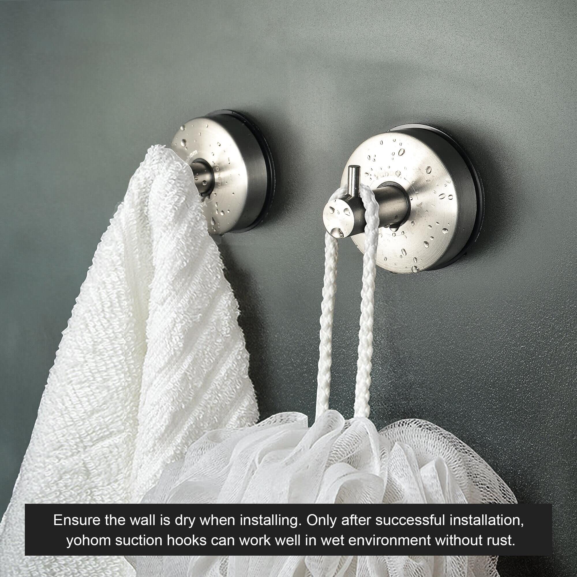 YOHOM 2Pcs SUS 304 Stainless Steel Vacuum Suction Cup Hooks Shower Holder - Removable Bathroom Shower Hook Suction Towel Rack and Kitchen Organizer for Towel Hook, Bathrobe and Loofah,Brushed Finish