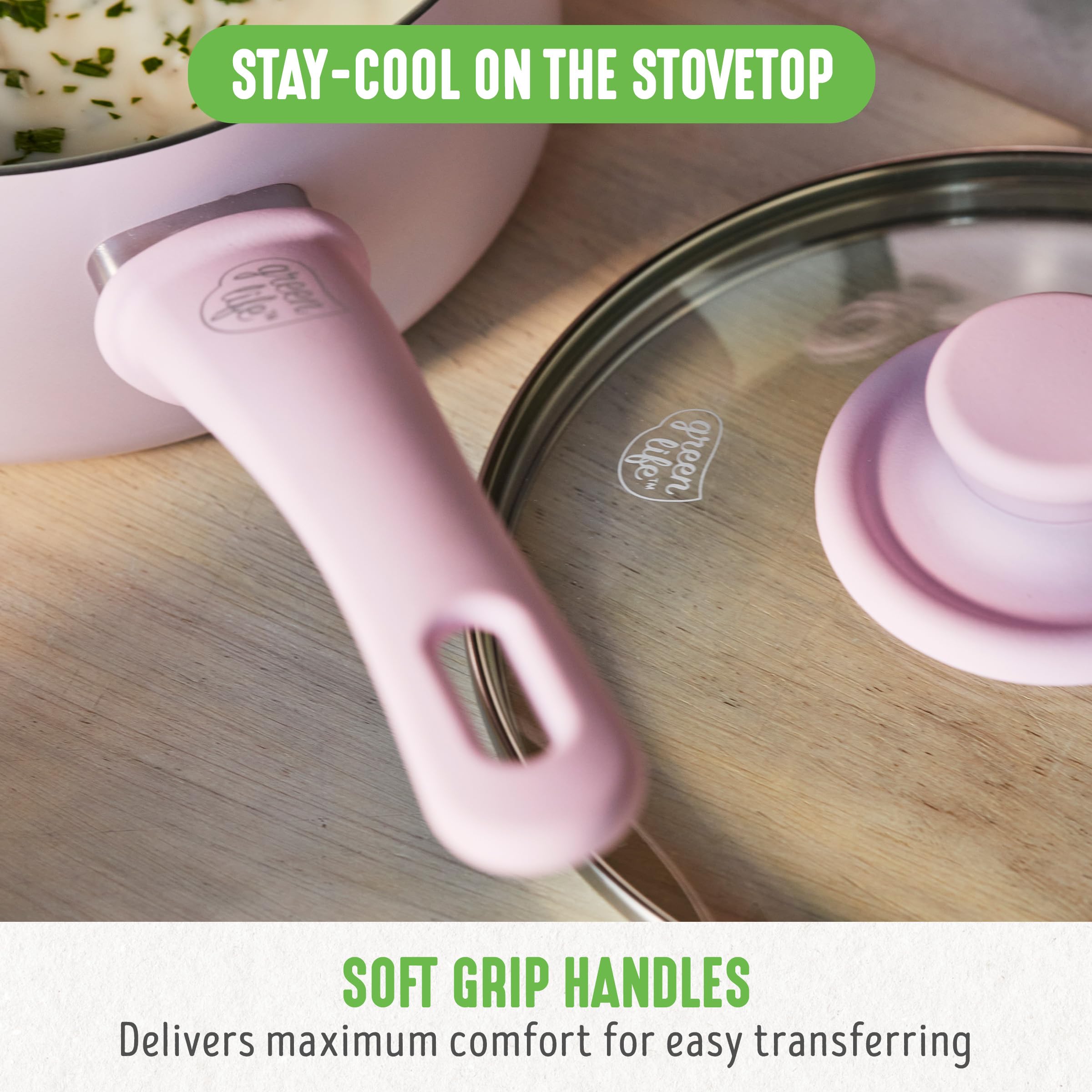 GreenLife Soft Grip Healthy Ceramic Nonstick, 16 Piece Cookware Pots and Pans Set, PFAS-Free, Dishwasher Safe, Soft Pink