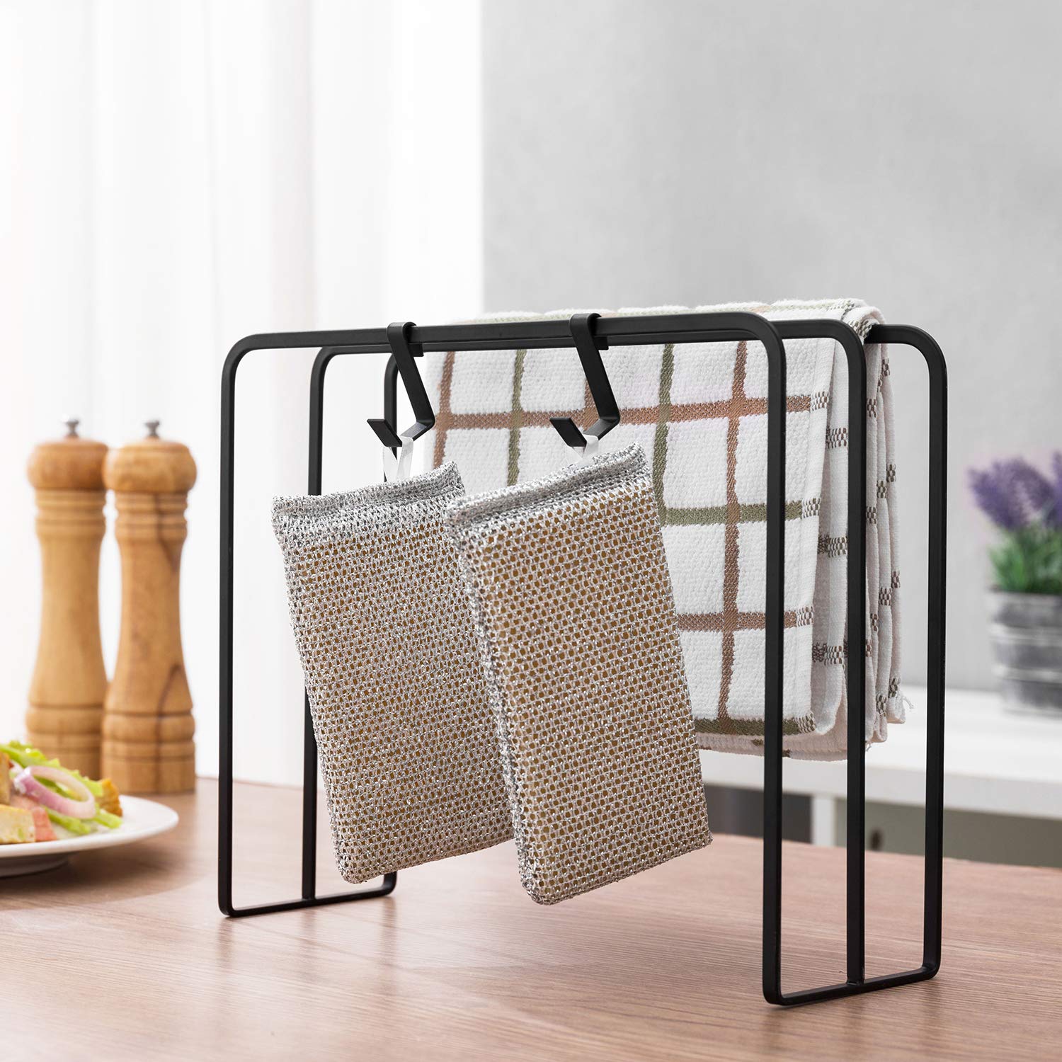 MyGift Black Metal Kitchen Countertop Dish Cloth Drying Rack, Dishcloth Holder with 2 Sponge Hooks