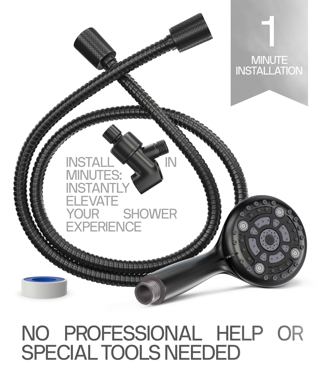 LOKBY 5″ High Pressure Handheld Shower Head 6-setting - High Flow Even with Low Water Pressure - Hand Held Showerhead Set with 59″ Stainless Steel Hose, Teflon Tape, Rubber Washers, Bracket