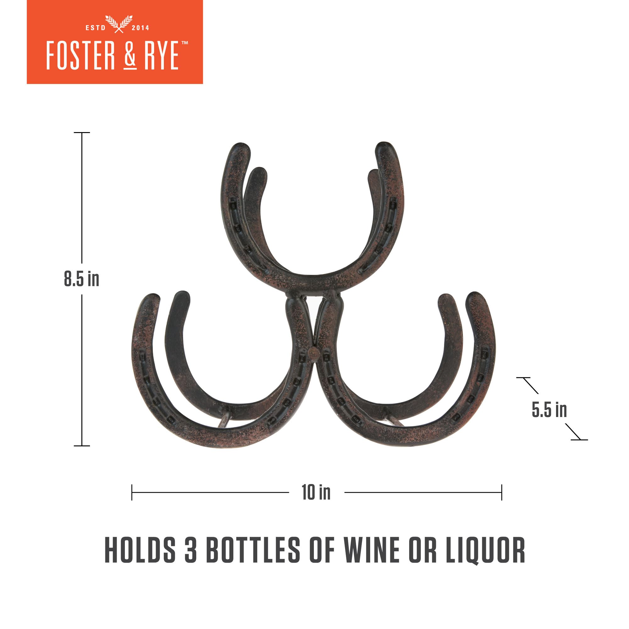 Foster & Rye Horseshoe Countertop Metal Wine Rack, Cast Iron Wine Bottle Holder, Holds 3 Standard Wine Bottles, 10" x 5.5" x 8.5"