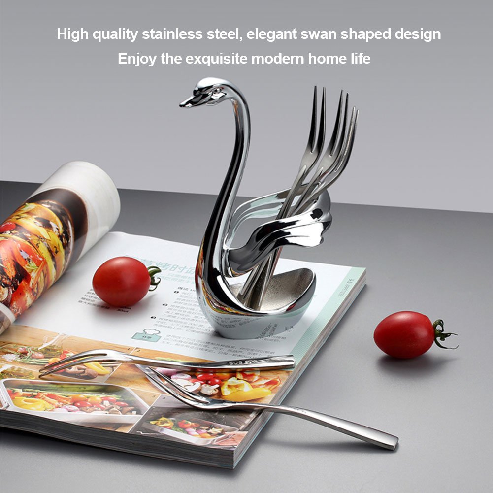 Spoon Holder, Swan Shaped Stainless Steel Kitchen Coffee Utensils Tableware Set Fork Spoon Stand Holder for Business Gifts Wedding Fairs(Wing-Shaped)