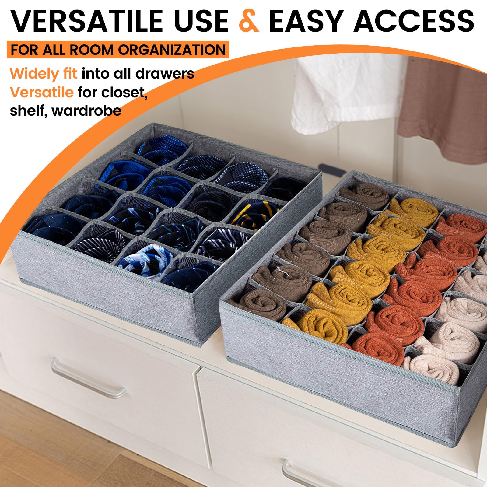 Criusia 3 Pack Sock Underwear Organizer Dividers, 64 Cell Drawer Organizers Fabric Foldable Cabinet Closet Organizers and Storage Boxes for Storing Socks, Underwear, Ties (16+24+24 Cell, Gray)