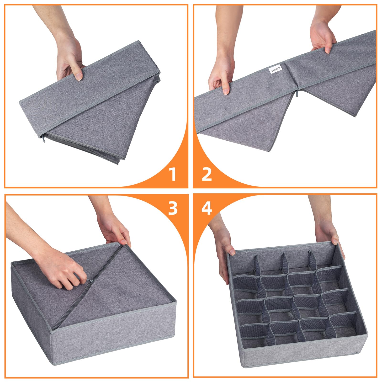 Criusia 3 Pack Sock Underwear Organizer Dividers, 64 Cell Drawer Organizers Fabric Foldable Cabinet Closet Organizers and Storage Boxes for Storing Socks, Underwear, Ties (16+24+24 Cell, Gray)
