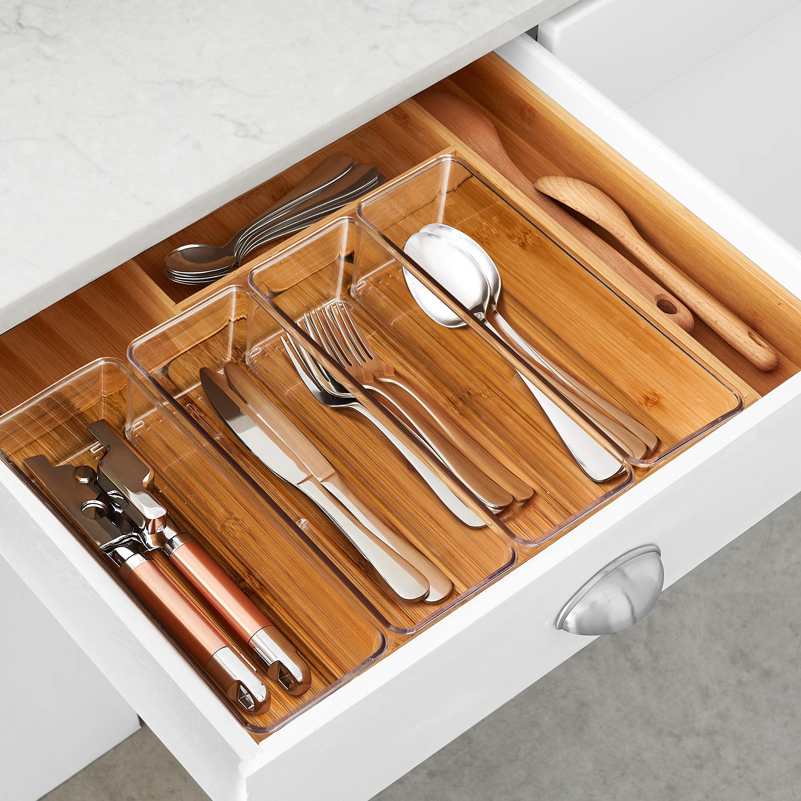 Hudgan 8 Pack Clear Plastic Drawer Organizer Bins Set, Stackable Cutlery Storage Bins Trays for Organizing Kitchen Supplies, Bathroom Supplies, Office Supplies, Crafts, Gadgets, Cabinet Supplies