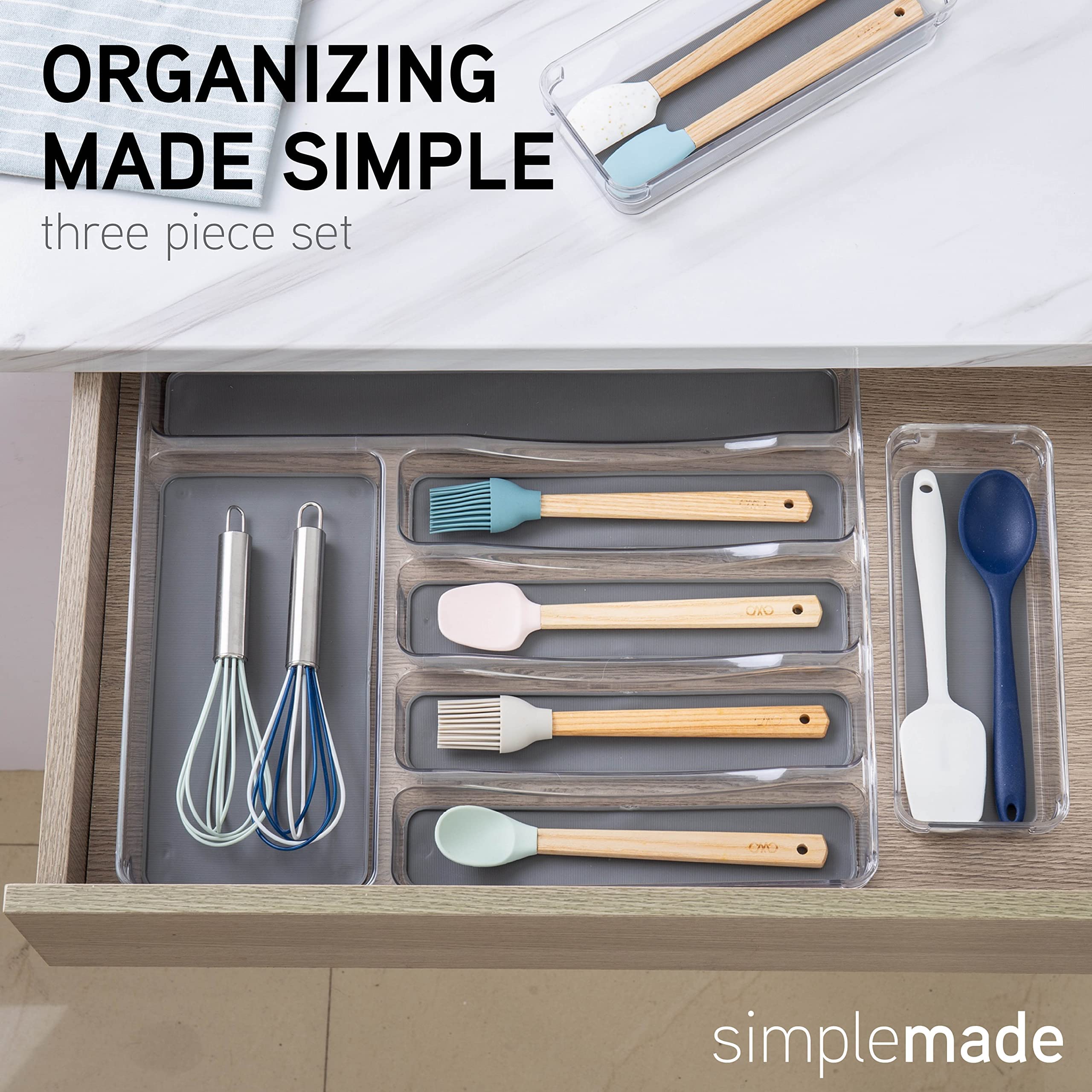 SIMPLEMADE Silverware Organizer Tray Set - 3 Piece Flatware Organizer for Drawer - Clear Cutlery Tray Drawer Insert with Easy Clean Liner - Multipurpose Storage for Kitchen, Office, Bathroom (Grey)