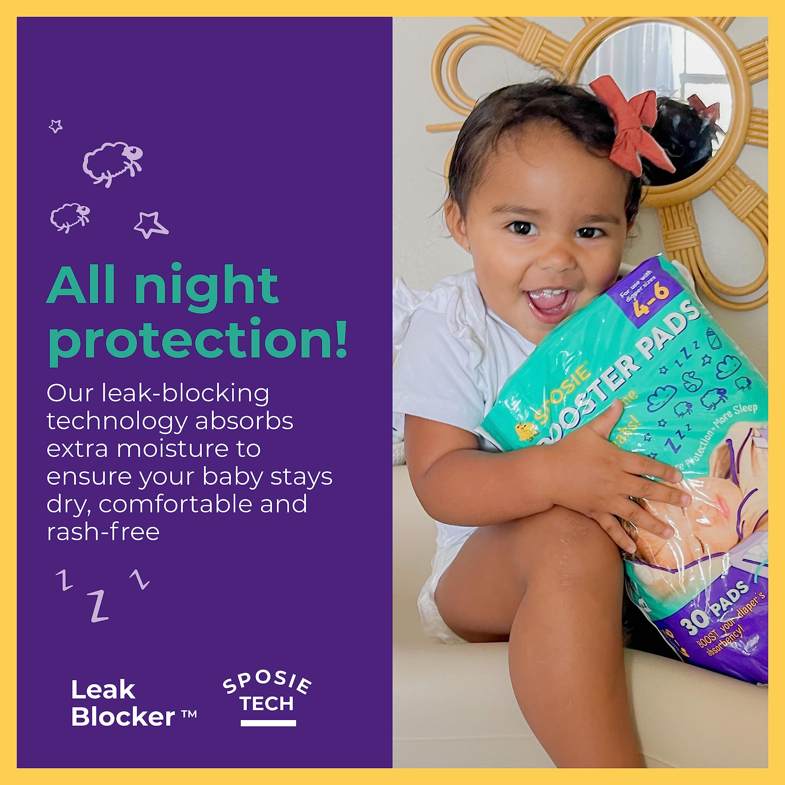 Sposie Diaper Booster Pads / Overnight Diapers Alternative, 90 ct. | Stops Nighttime Leaks, Helps Prevent Diaper Rash, Extra Protection for Boys & Girls | No Adhesive | Fits Diaper Sizes 4-6