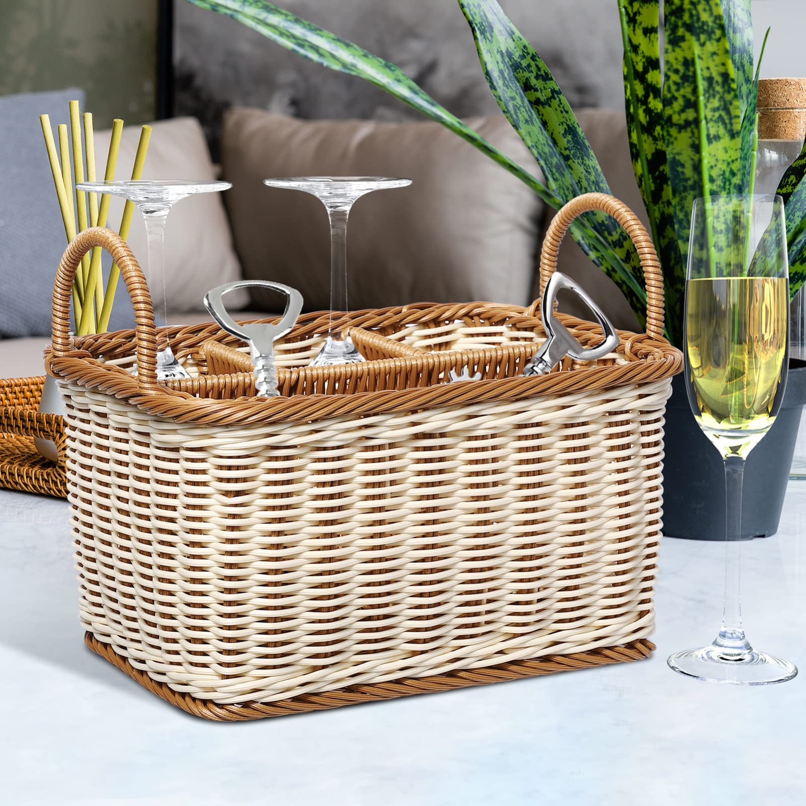 Cabilock Divided Storage Basket, Woven Cutlery Storage Caddy with Handles, 4 Compartments Utensil Tableware Basket for Serving Fork, Knife, Spoon