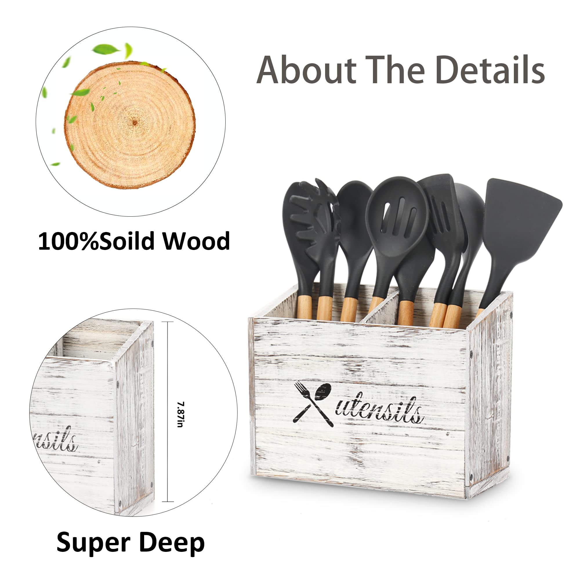 Kitchen Utensil Holder Organizer with 2 Compartments,Wood Flatware Silverware Organizer Rustic Farmhouse Utensil Caddy for Countertop Decor,Wall Mounted Kitchen Organizer and Storage Cutlery Caddy