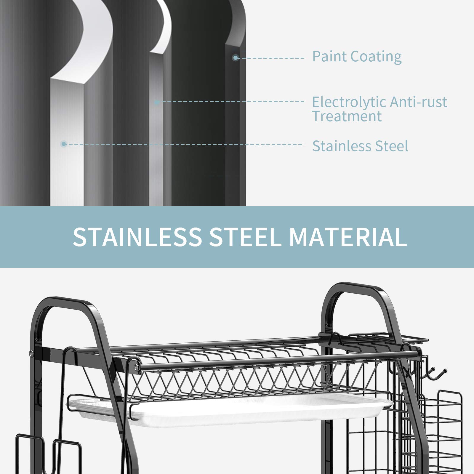 alvorog 2-Tier Dish Drying Rack with Utensil Holder and Cutting Board Holder, Stainless Steel Dish Rack with Removable Drain Boards Large Capacity Dish Drainer Kitchen Organizer for Countertop (Black)