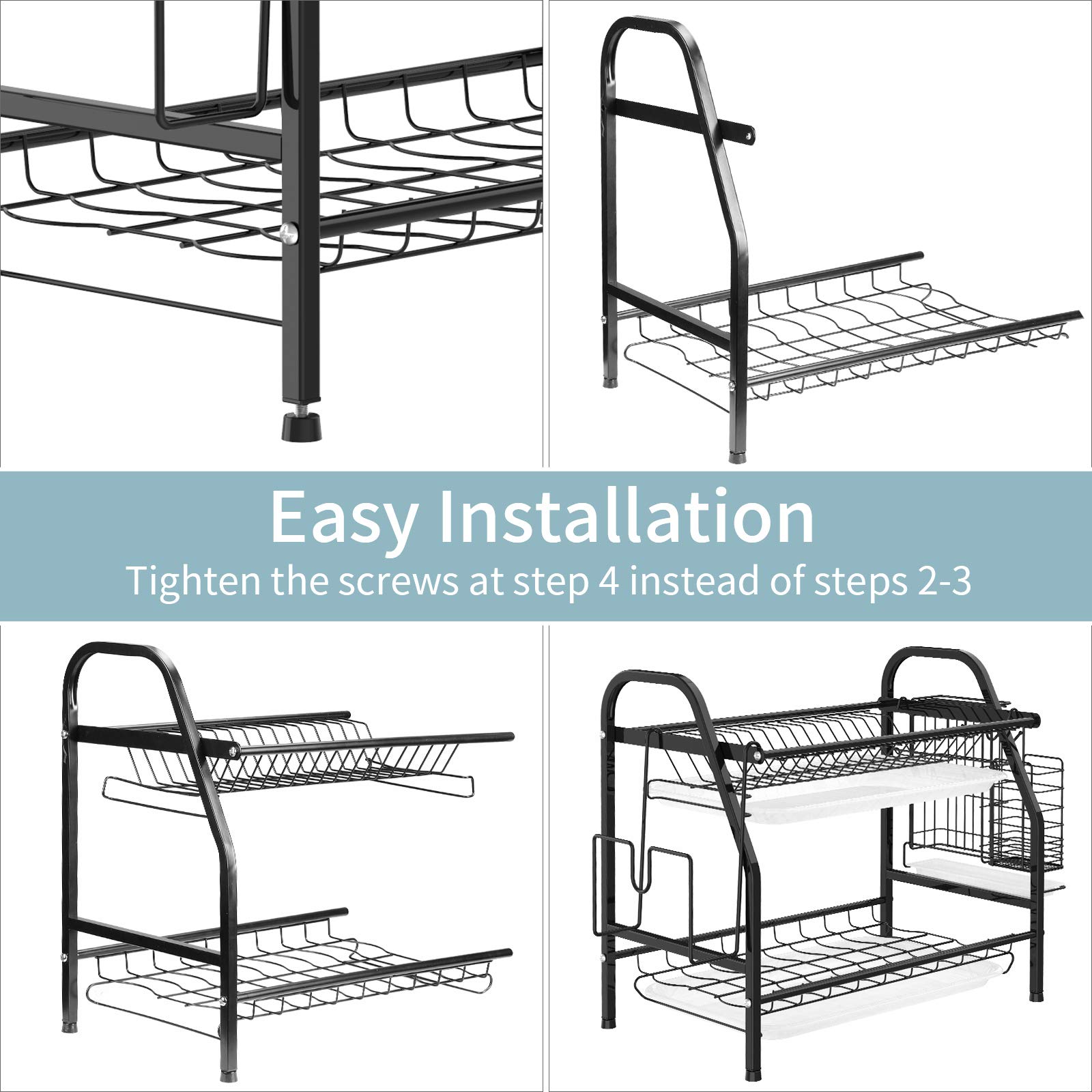 alvorog 2-Tier Dish Drying Rack with Utensil Holder and Cutting Board Holder, Stainless Steel Dish Rack with Removable Drain Boards Large Capacity Dish Drainer Kitchen Organizer for Countertop (Black)