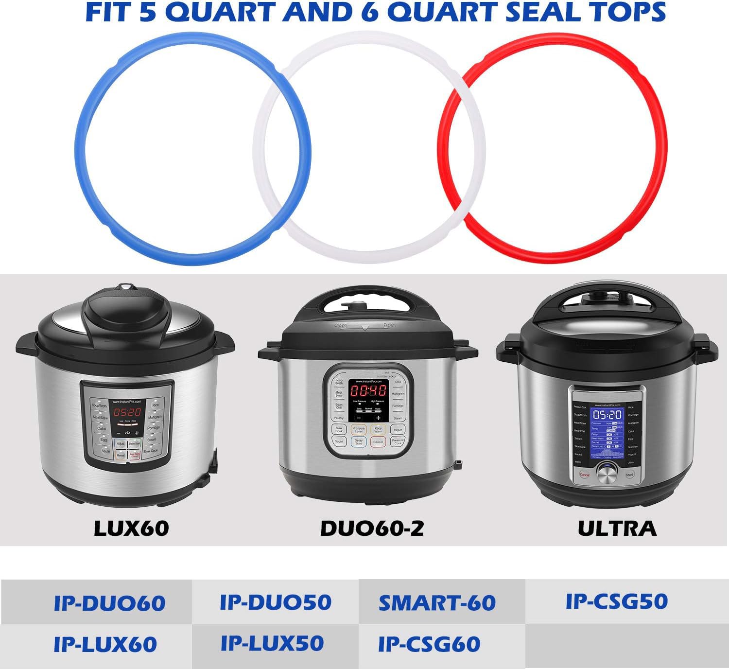 Sealing Rings for Instant Pot Accessories of 6 Qt Models - Red, Blue and Clear, Sweet and Savory Edition - 3 Pack BPA-Free Food-grade Replacement Silicone Seal Gaskets for Instpot 6 Quart