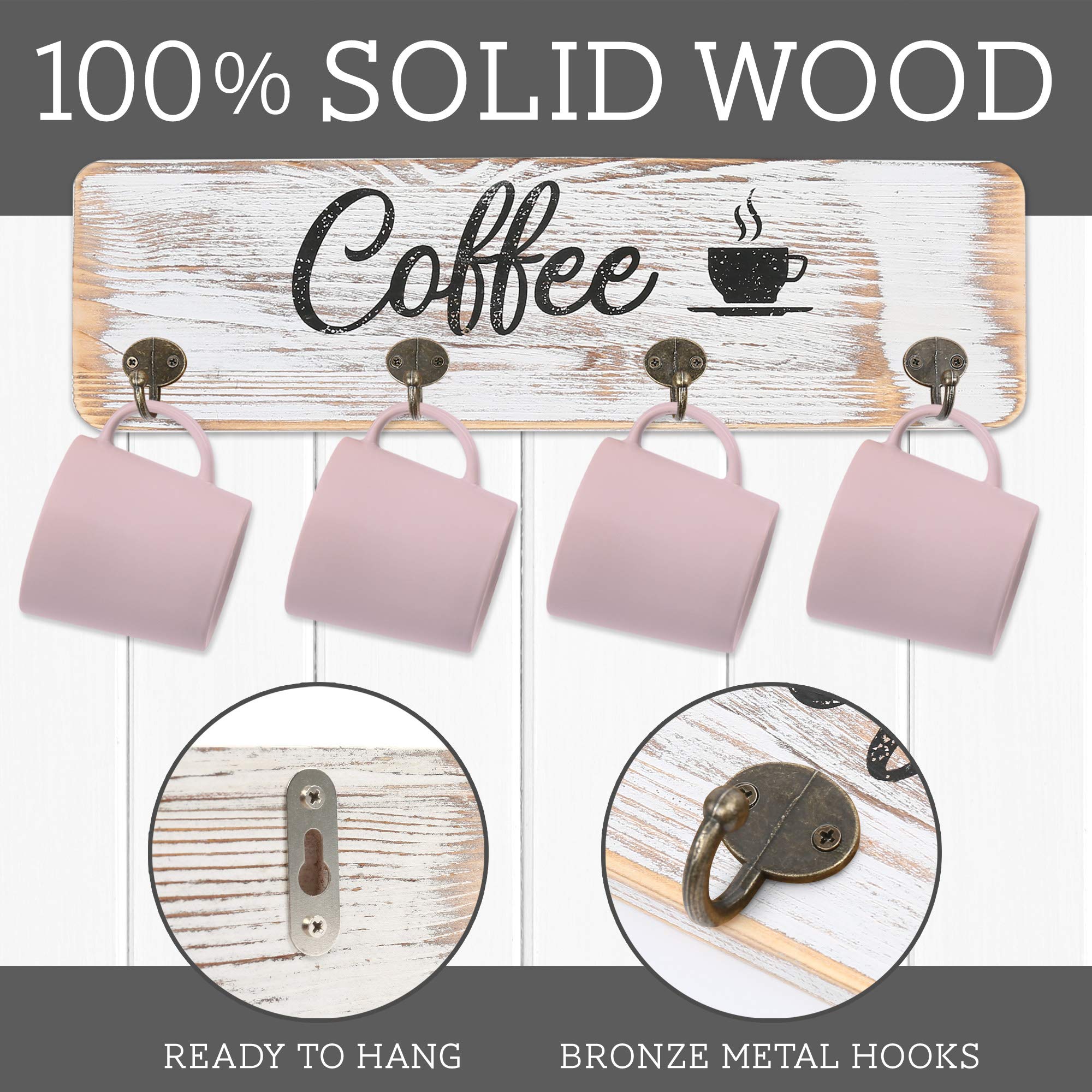 LotFancy Coffee Mug Holder, Rustic Wall Mounted Mug Rack with 12 Cup Hangers, Farmhouse Wood Cup Organizer for Home, Office, Kitchen Display Storage Collection, White Coffee Nook Décor