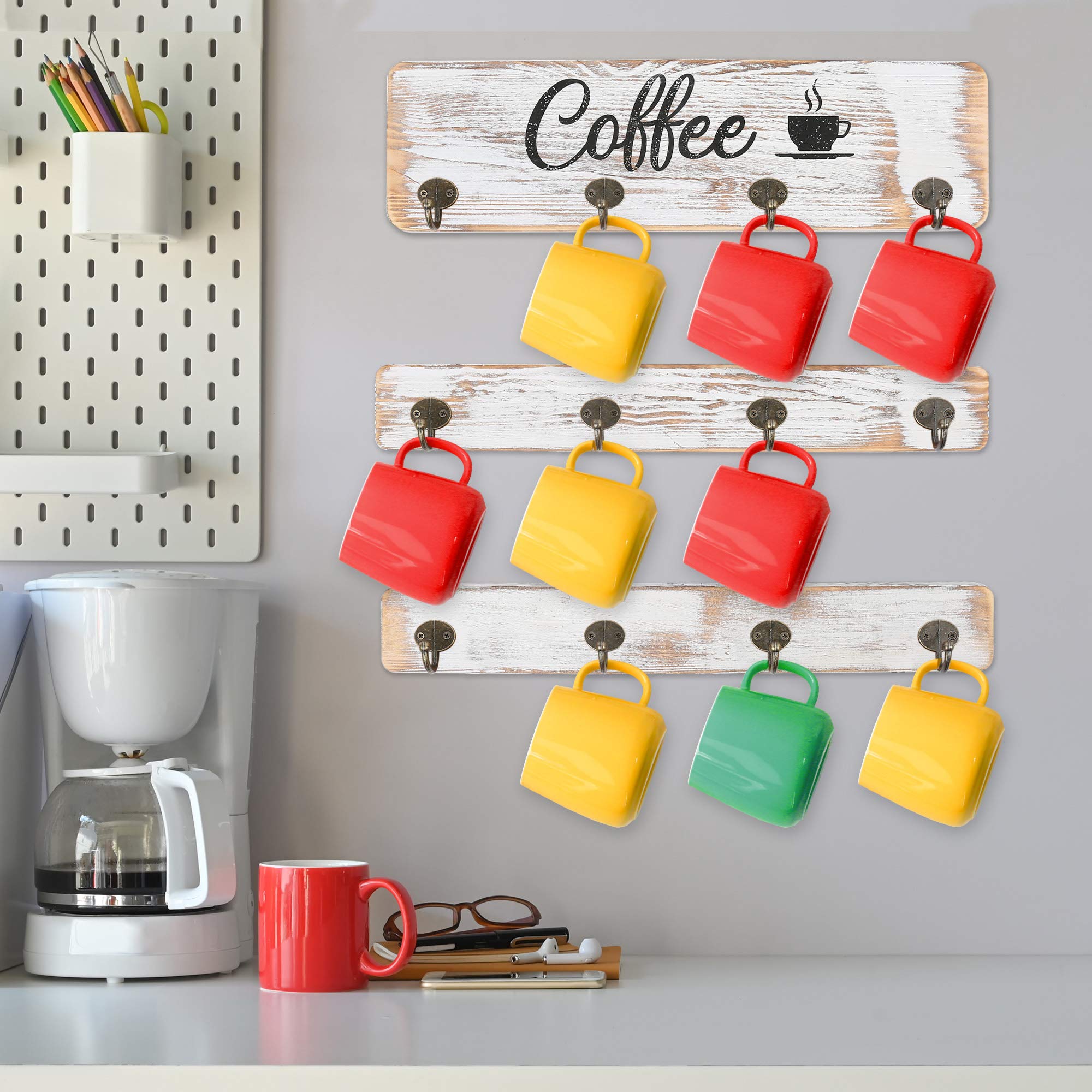 LotFancy Coffee Mug Holder, Rustic Wall Mounted Mug Rack with 12 Cup Hangers, Farmhouse Wood Cup Organizer for Home, Office, Kitchen Display Storage Collection, White Coffee Nook Décor