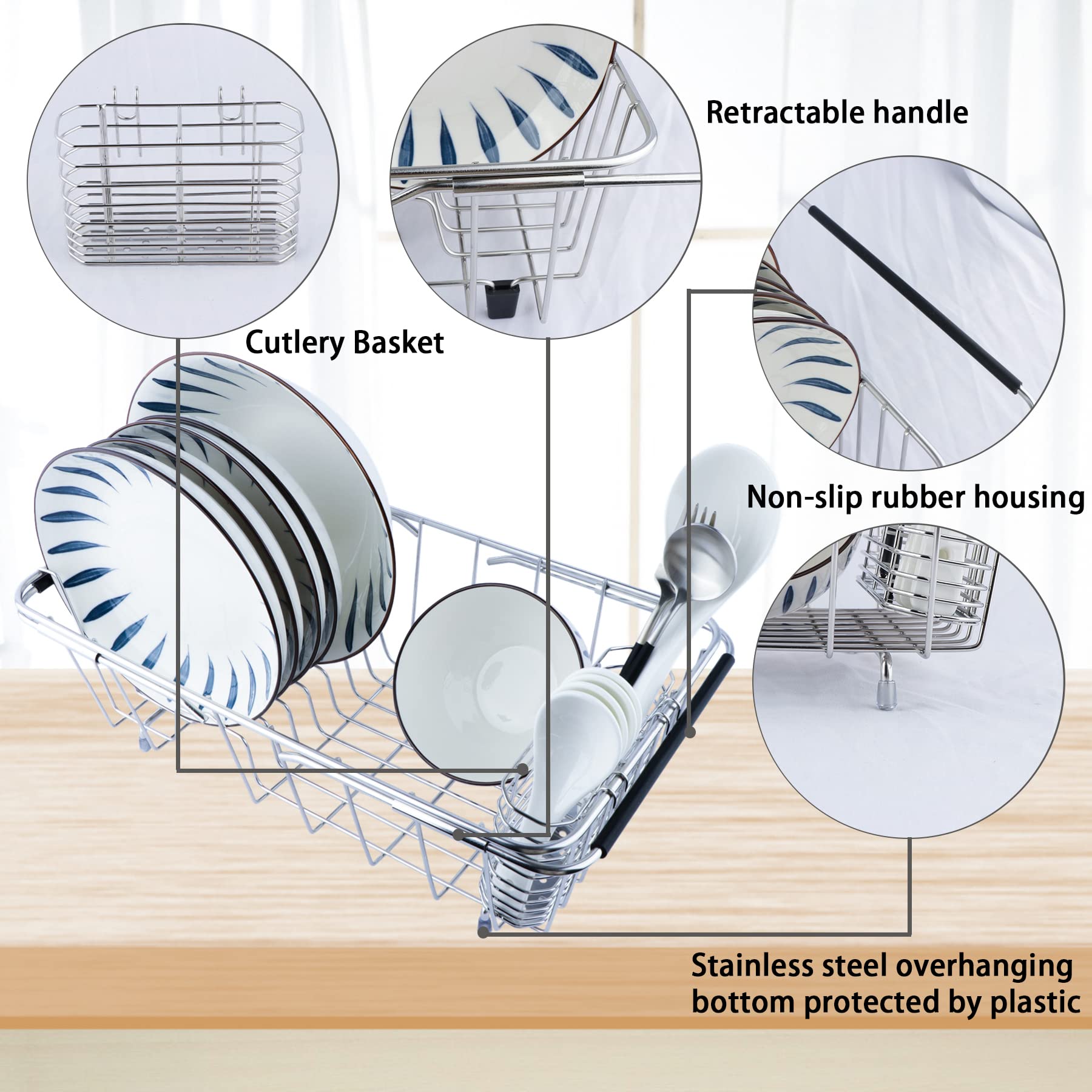 Tikxlafe Dish Drying Rack in Sink 304 Stainless Steel with Utensil Cutlery Holder for Kitchen Counter,Medium Expandable Deep Rustproof Over The Sink Dish Rack Set