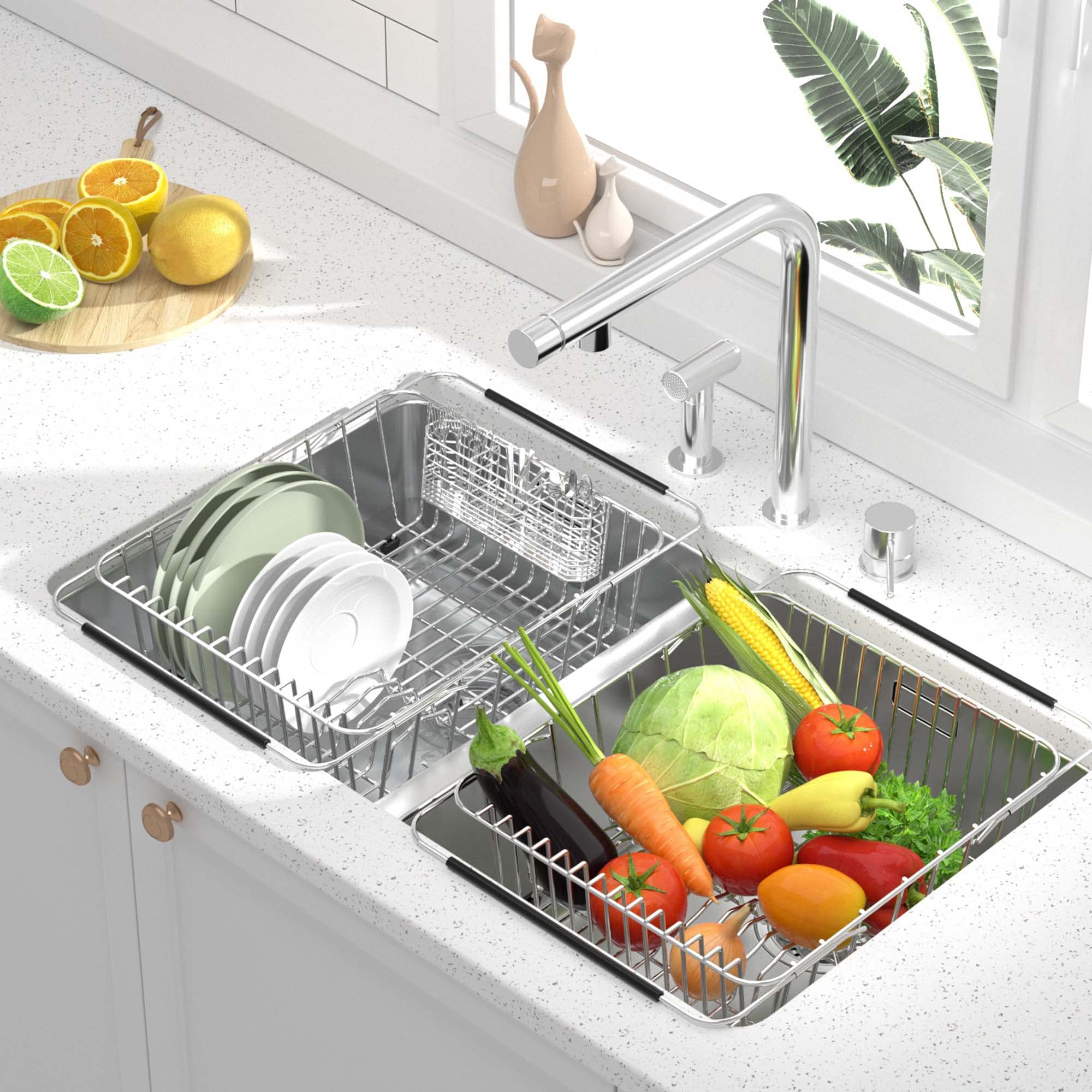 Tikxlafe Dish Drying Rack in Sink 304 Stainless Steel with Utensil Cutlery Holder for Kitchen Counter,Medium Expandable Deep Rustproof Over The Sink Dish Rack Set