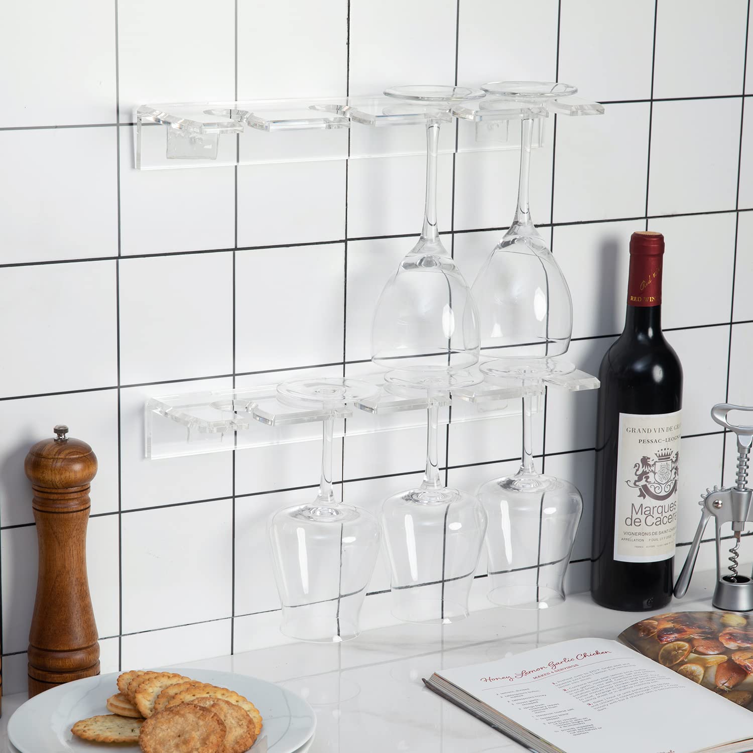 MyGift Wall Mounted Modern Clear Premium Acrylic Wine Glass Holder Stemware Hanging Rack, Set of 2
