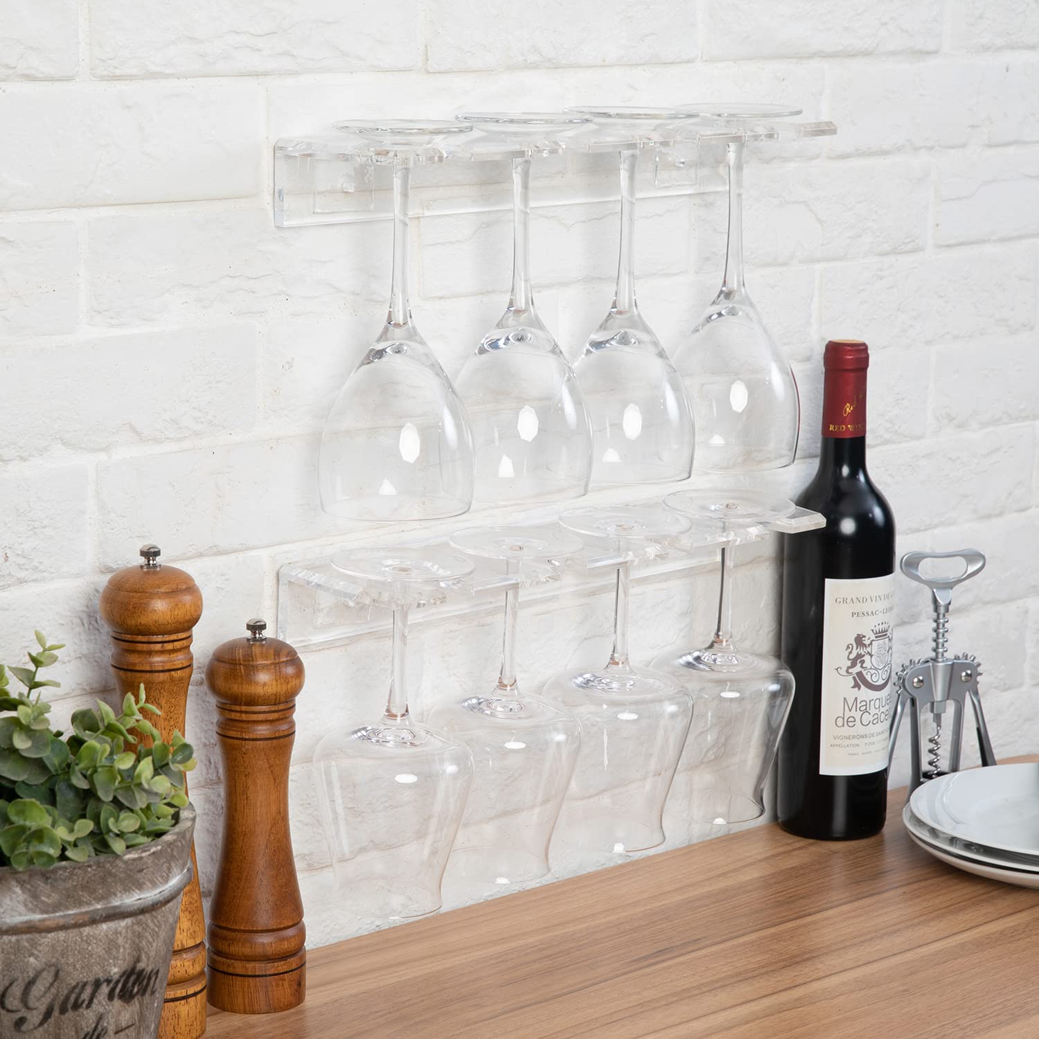 MyGift Wall Mounted Modern Clear Premium Acrylic Wine Glass Holder Stemware Hanging Rack, Set of 2