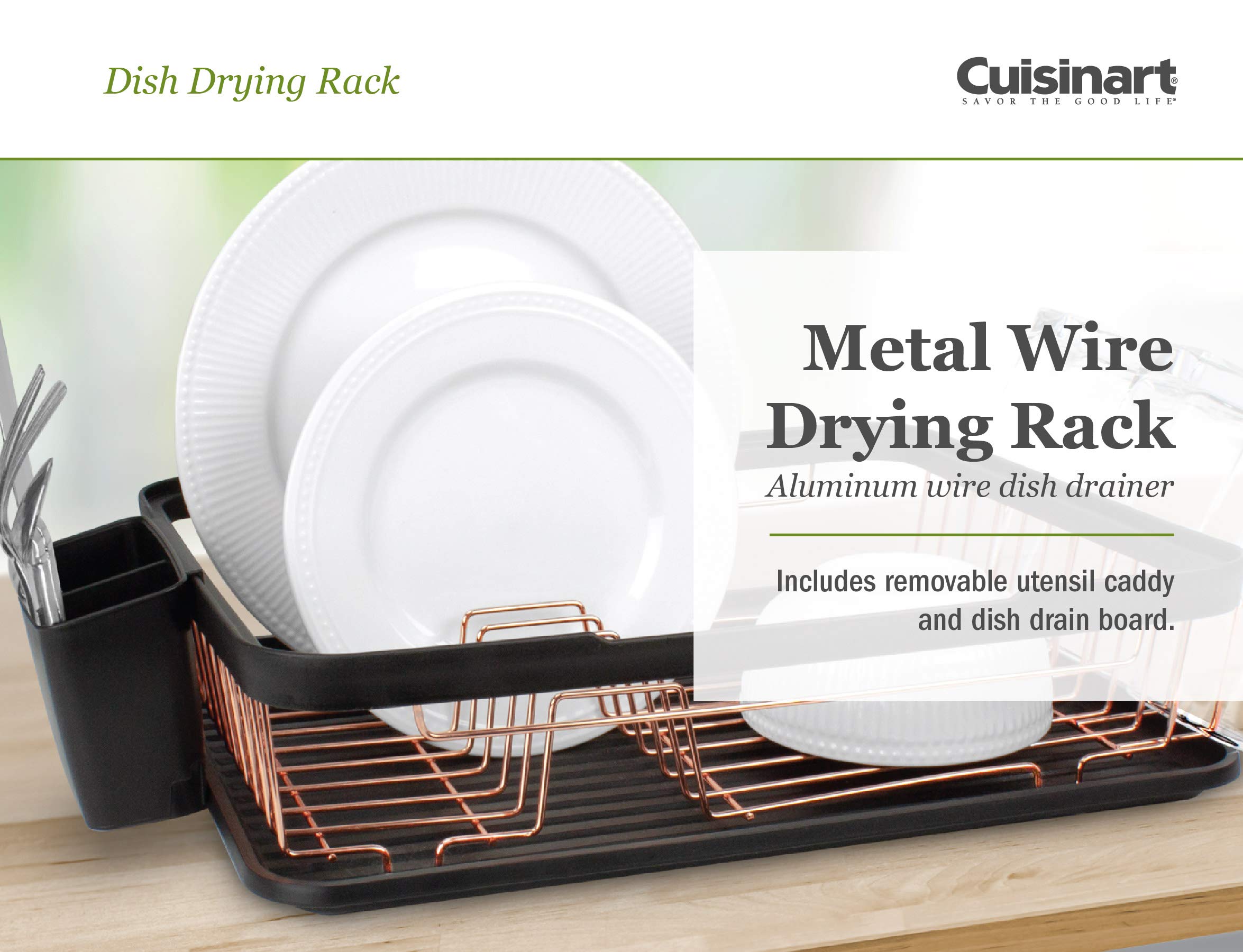 Cuisinart Wire Dish Drying Rack and Tray Set – 3 Piece Set Includes Wire Dish Drying Rack, Utensil Caddy, and Draining Board – Measures 19 x 12.75 x 4.25 Inches – Matte Black/Copper Wire