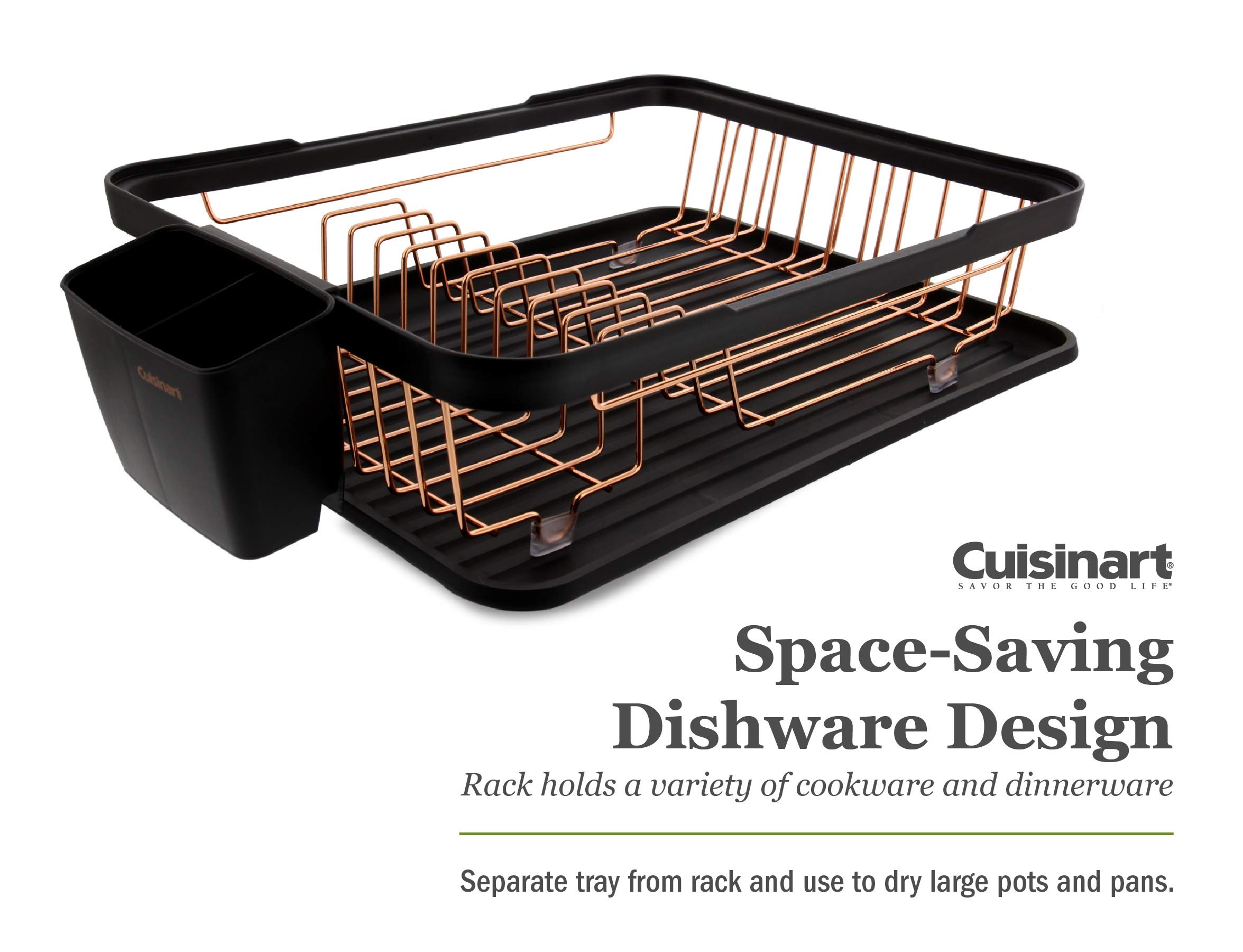 Cuisinart Wire Dish Drying Rack and Tray Set – 3 Piece Set Includes Wire Dish Drying Rack, Utensil Caddy, and Draining Board – Measures 19 x 12.75 x 4.25 Inches – Matte Black/Copper Wire