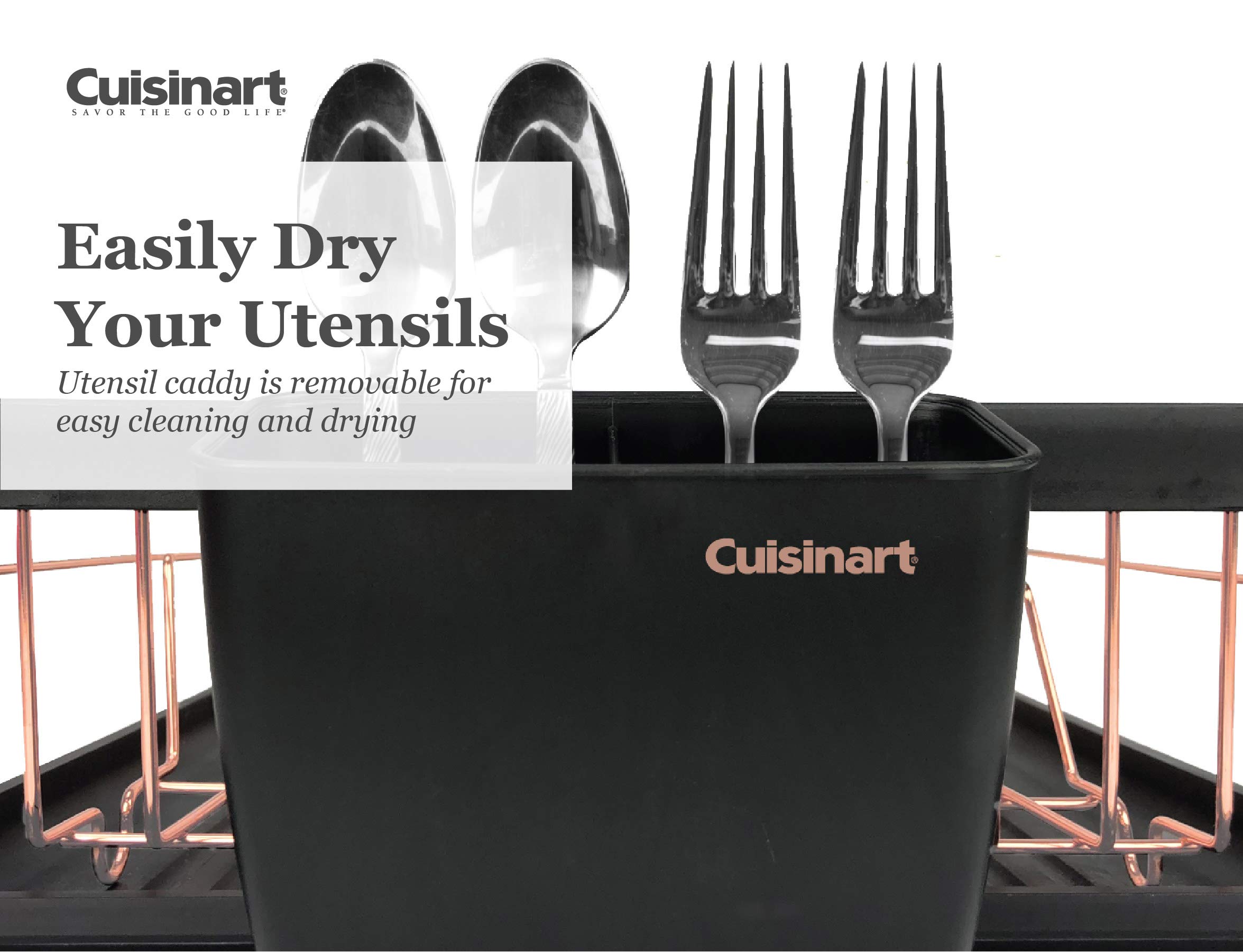 Cuisinart Wire Dish Drying Rack and Tray Set – 3 Piece Set Includes Wire Dish Drying Rack, Utensil Caddy, and Draining Board – Measures 19 x 12.75 x 4.25 Inches – Matte Black/Copper Wire