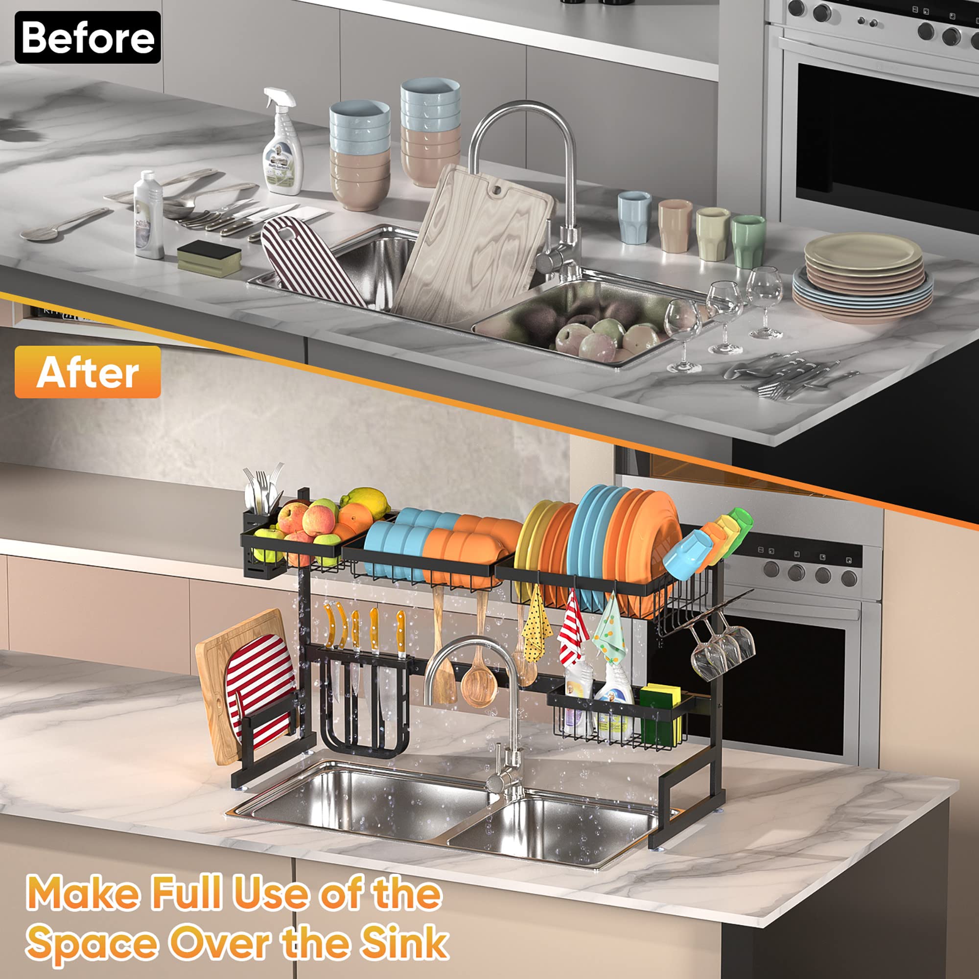 PUSDON Over Sink Dish Drying Rack (26"-37"), Adjustable Large Dish Drainer for Storage Kitchen Counter Organization, 2 Tier Stainless Steel Over Sink Dish Rack Display (Black, Sink Size≤37inch)