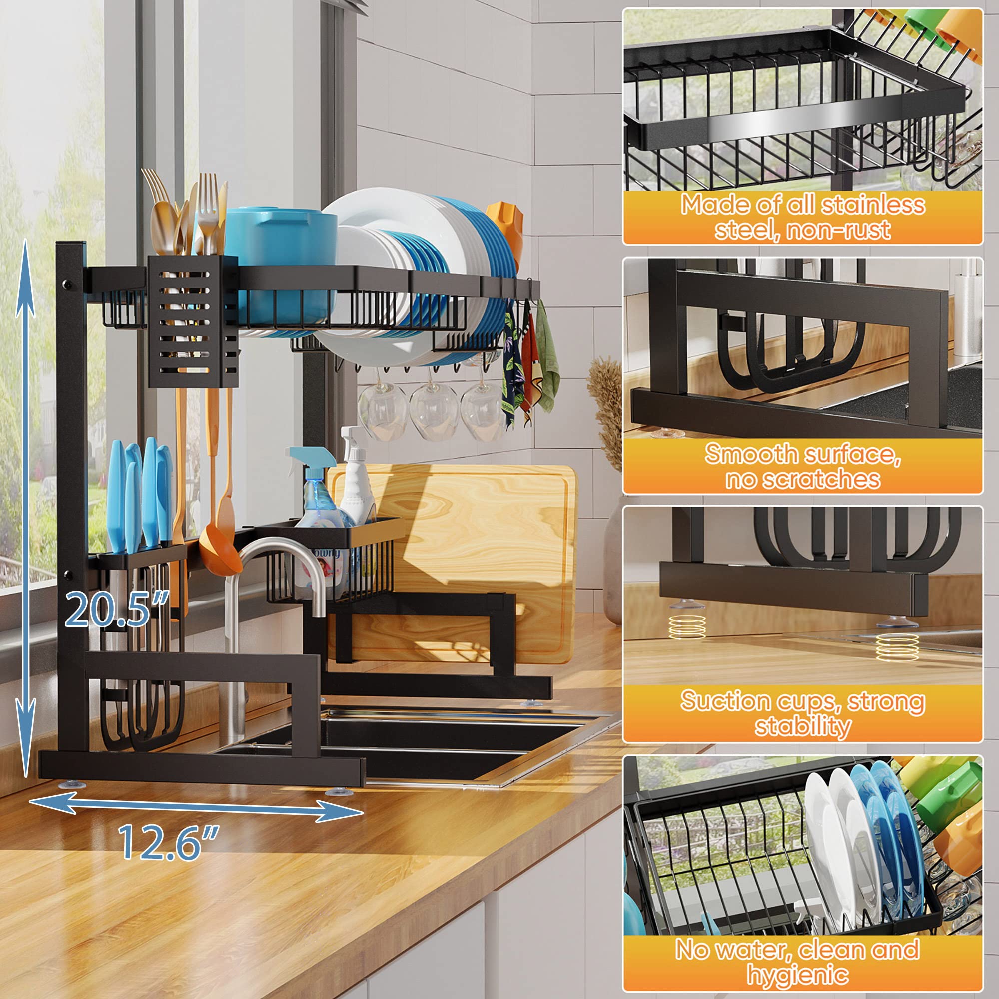 PUSDON Over Sink Dish Drying Rack (26"-37"), Adjustable Large Dish Drainer for Storage Kitchen Counter Organization, 2 Tier Stainless Steel Over Sink Dish Rack Display (Black, Sink Size≤37inch)
