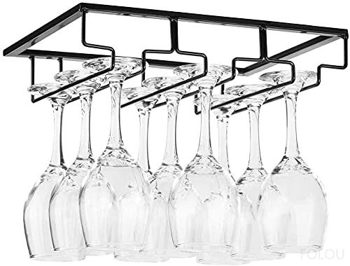 FOLOU Wine Glass Rack Under Cabinet Mount, Upside Down Stemware Holder for Wire Shelves, Glasses Storage Hanger Metal Organizer Bars, Kitchen, Restaurants, Farmhouse(3 ROWS BLACK), 11.8 x 9 x 2.7